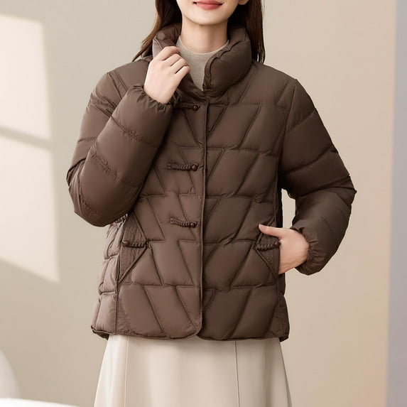 CQONEPT Down Coats for Womens Lapel Neck Quilted Padded Puffer Jacket ...