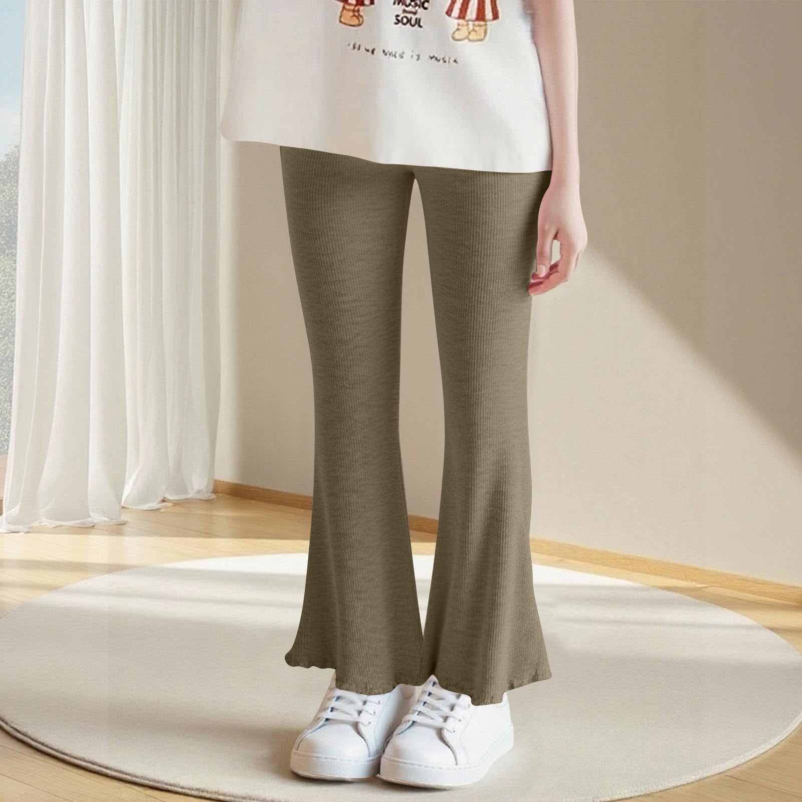 CQONEPT Girl's Fleece Lined Pants Bell Bottom Elastic Waist High Waist ...