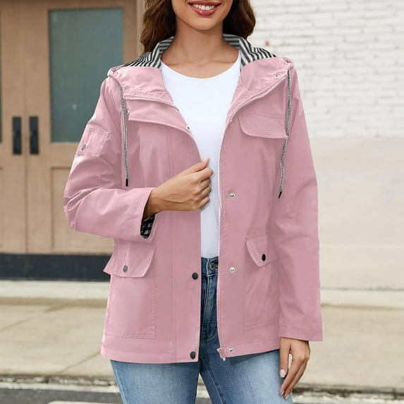 CQONEPT Hooded Jacket for Womens Button Down Rain Jacket Drawstring ...
