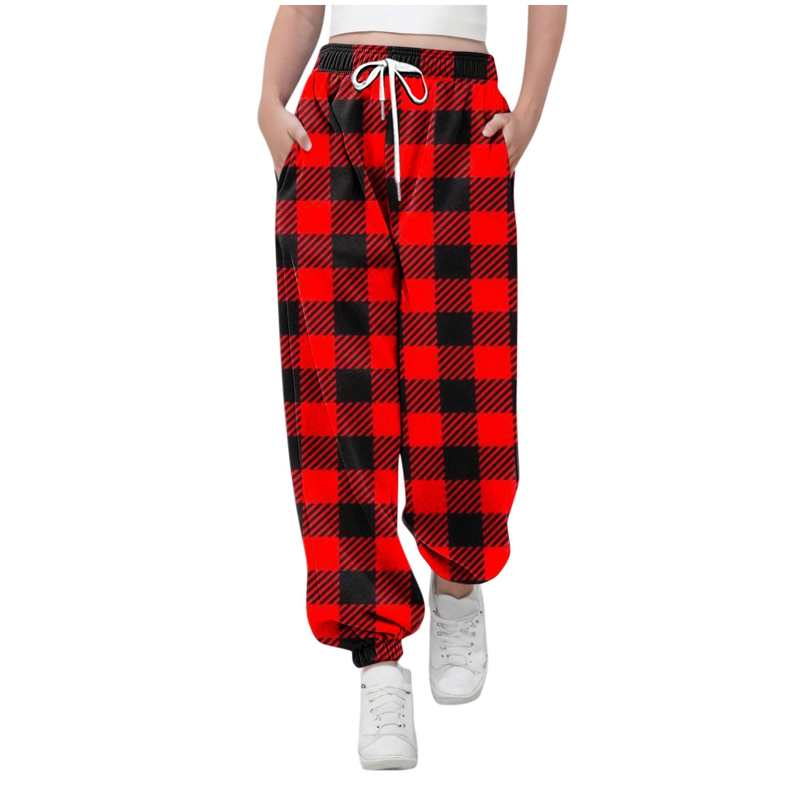 CQONEPT Kids Girls Plaid Pants Elastic Waist Sweatpants Lightweight ...