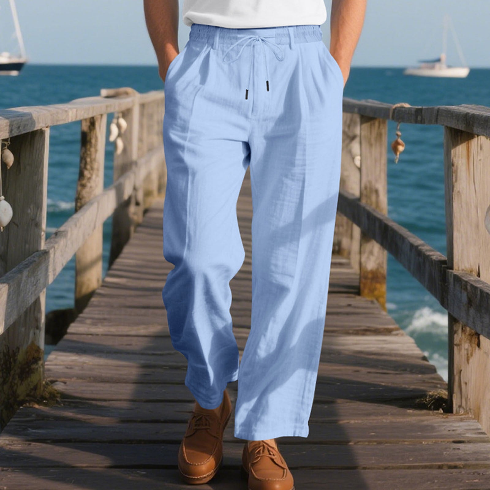 CQONEPT Men's Linen Cotton Pants Casual Baggy Drawstring Pant Straight ...