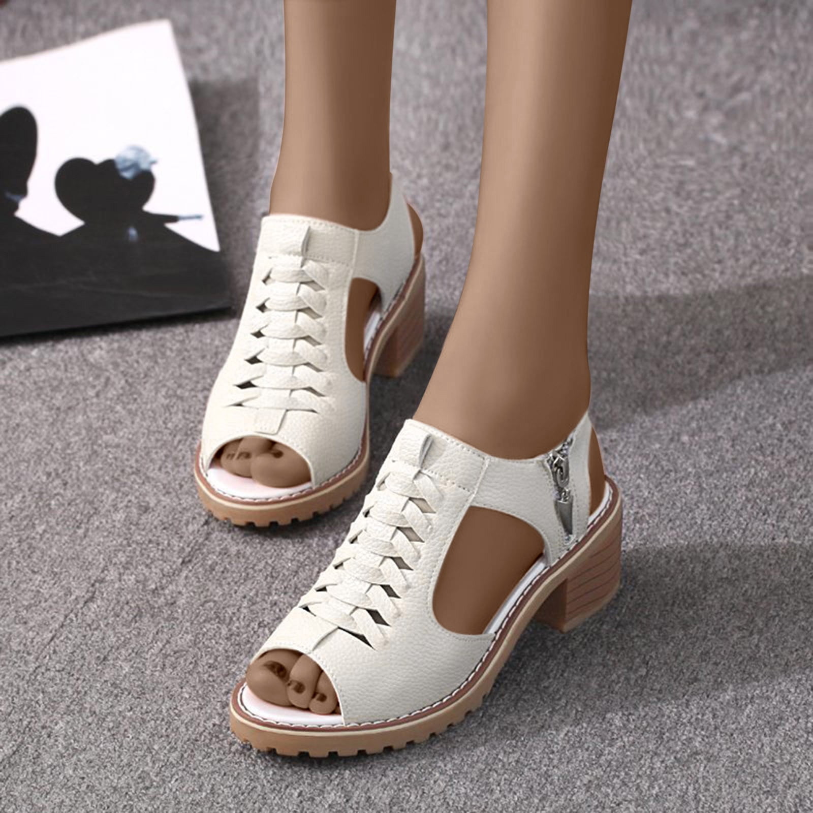 CQONEPT Open Toe Ankle Strap Sandal – Western Bootie Stacked Heel ...