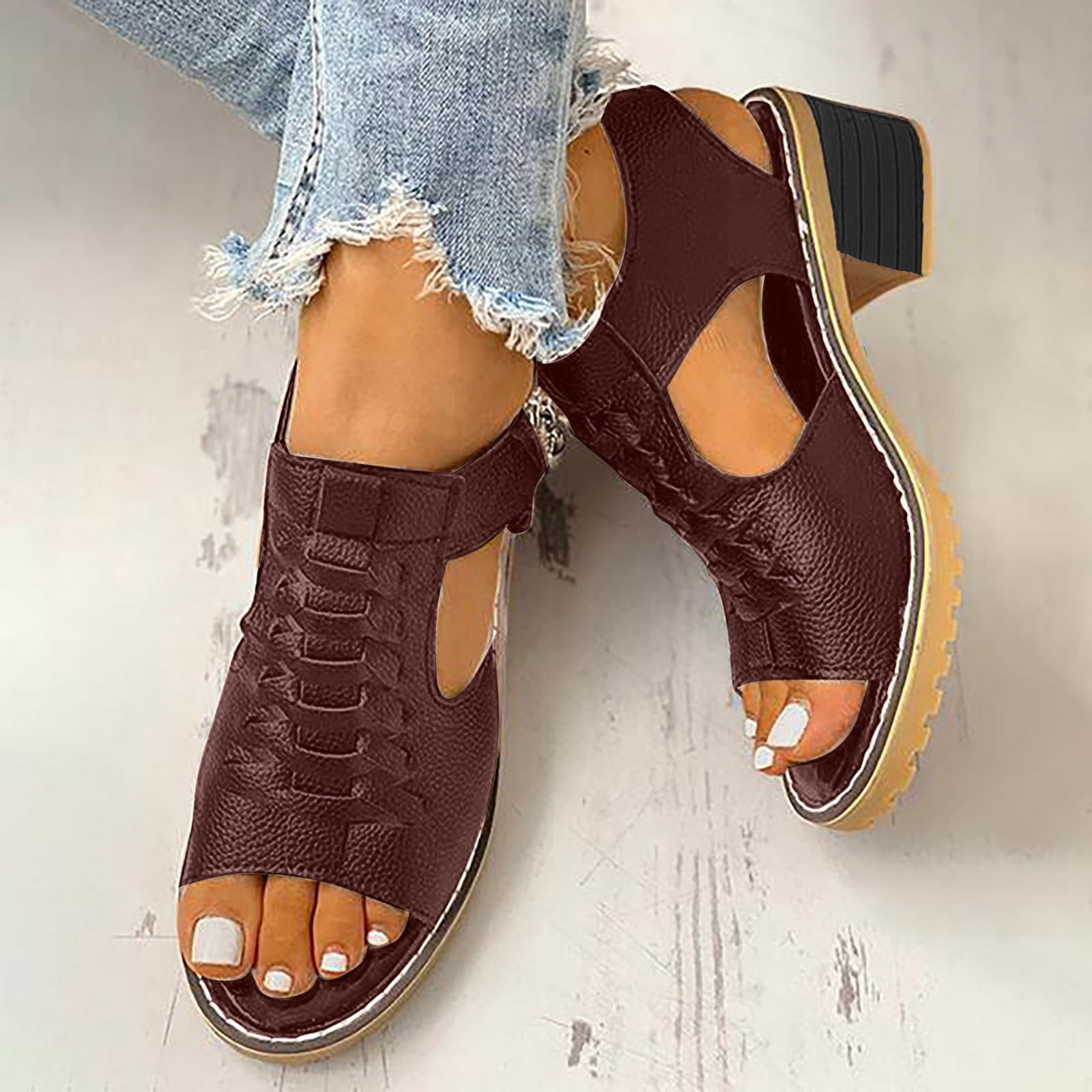 CQONEPT Open Toe Ankle Strap Sandal – Western Bootie Stacked Heel ...