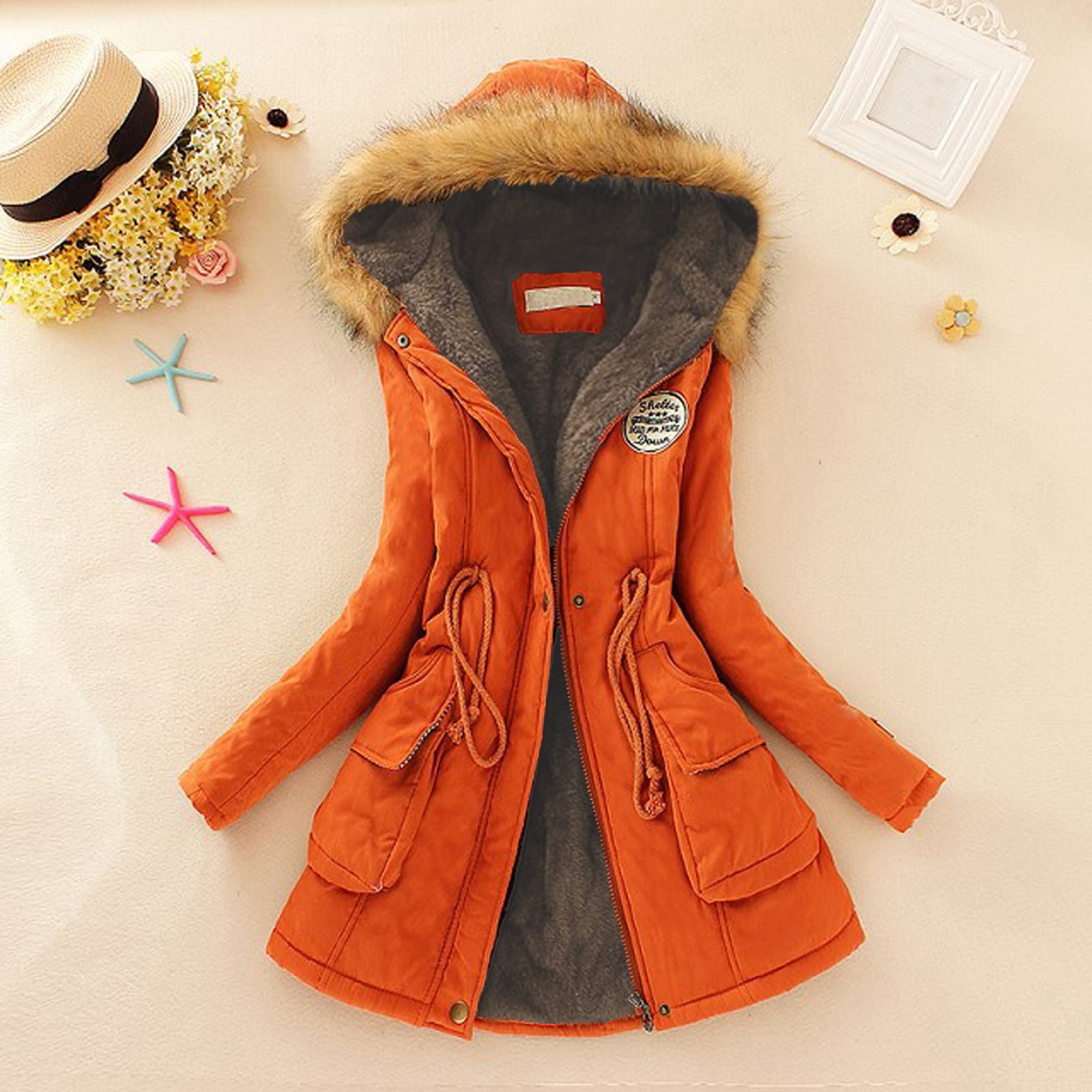 CQONEPT Puff Padded for Womens Fleece Hooded Jacket Adjustable Waist ...