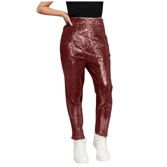 CQONEPT Sequin Pants for Girls High Waist Skinny Leg Dance Pants ...