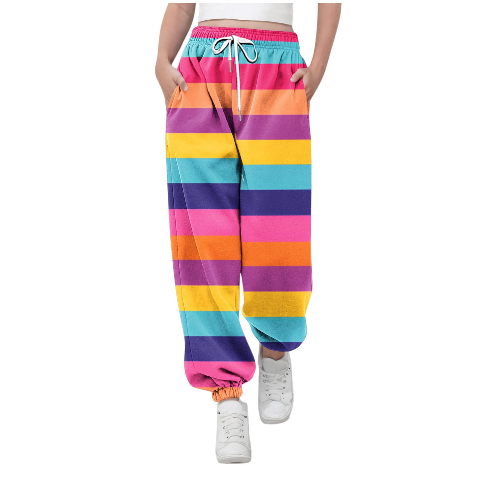 CQONEPT Stripe Sweatpants for Kids Girls Drawstring Tapered Pant ...