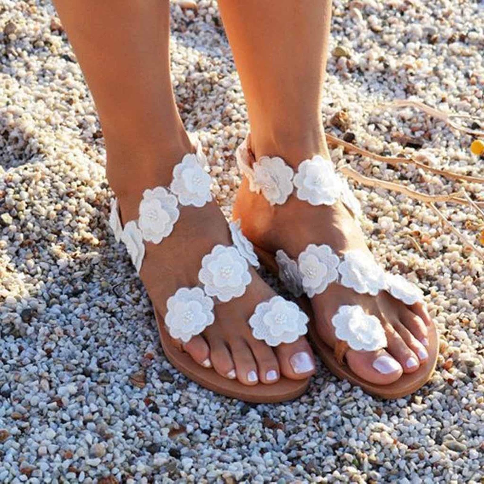 CQONEPT Wedding Flat Sandals,White Lace Sandals,Flowers Lace Sandals ...