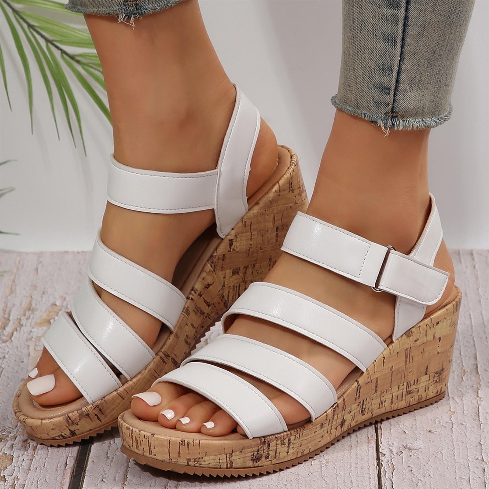 CQONEPT Wedge Sandals for Womens Platform Sandals Elastic Ankle Strap ...