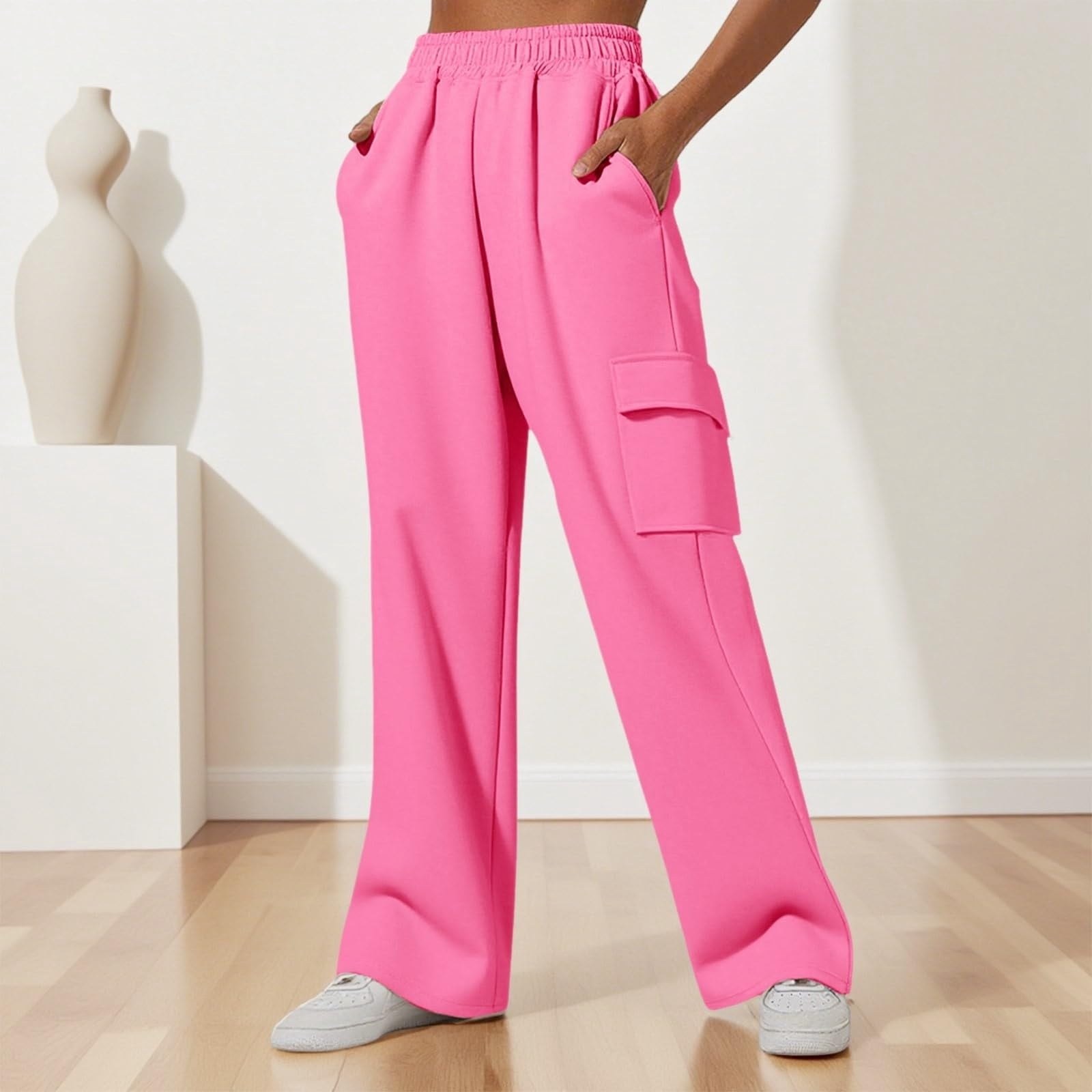 CQONEPT Women's Cargo Sweatpants with 4 Pockets Elastic Waist Wide Leg ...