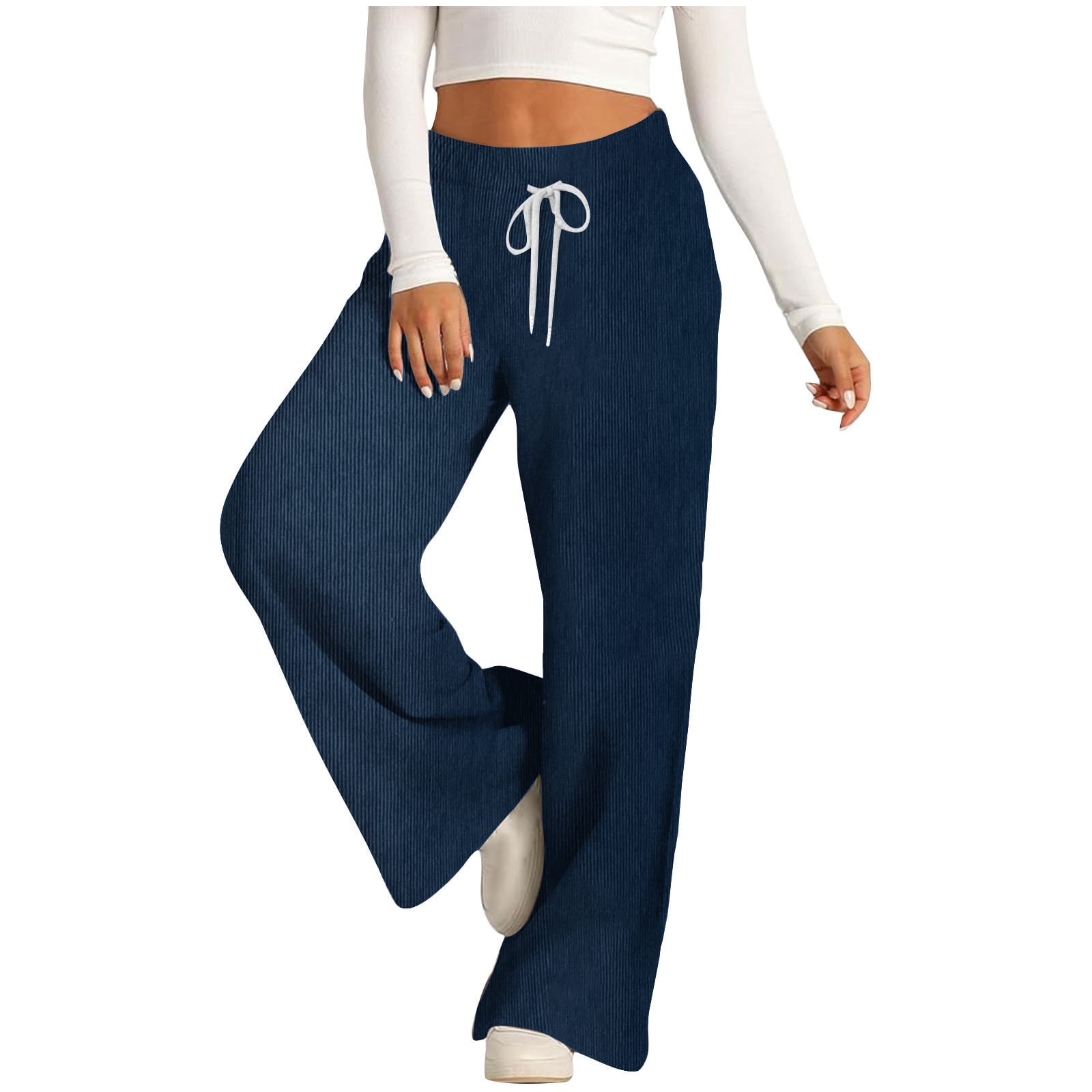 CQONEPT Women's Corduroy Pants Elastic Waist Wide Leg Pants Casual ...