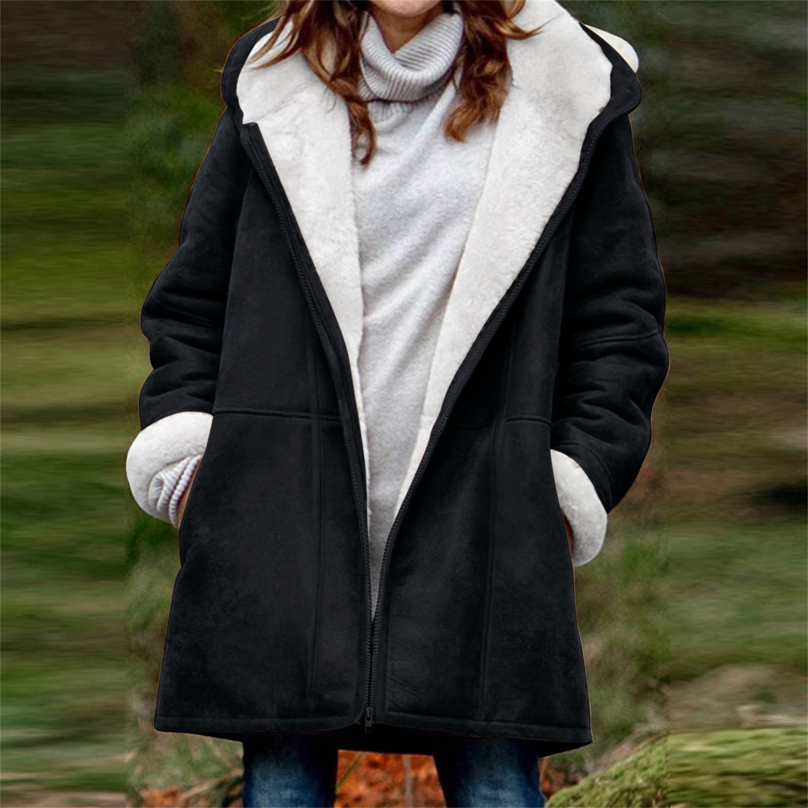 CQONEPT Women's Fleece Lined Hoodies Notched Collar Coats Thicken Comfy ...