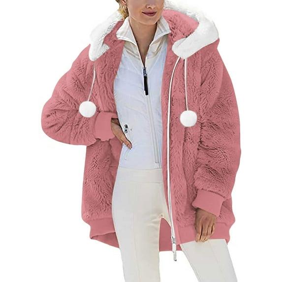 CQONEPT Women's Hooded Overcoat Fluffy Cozy Jackets Loose Fit Casual ...