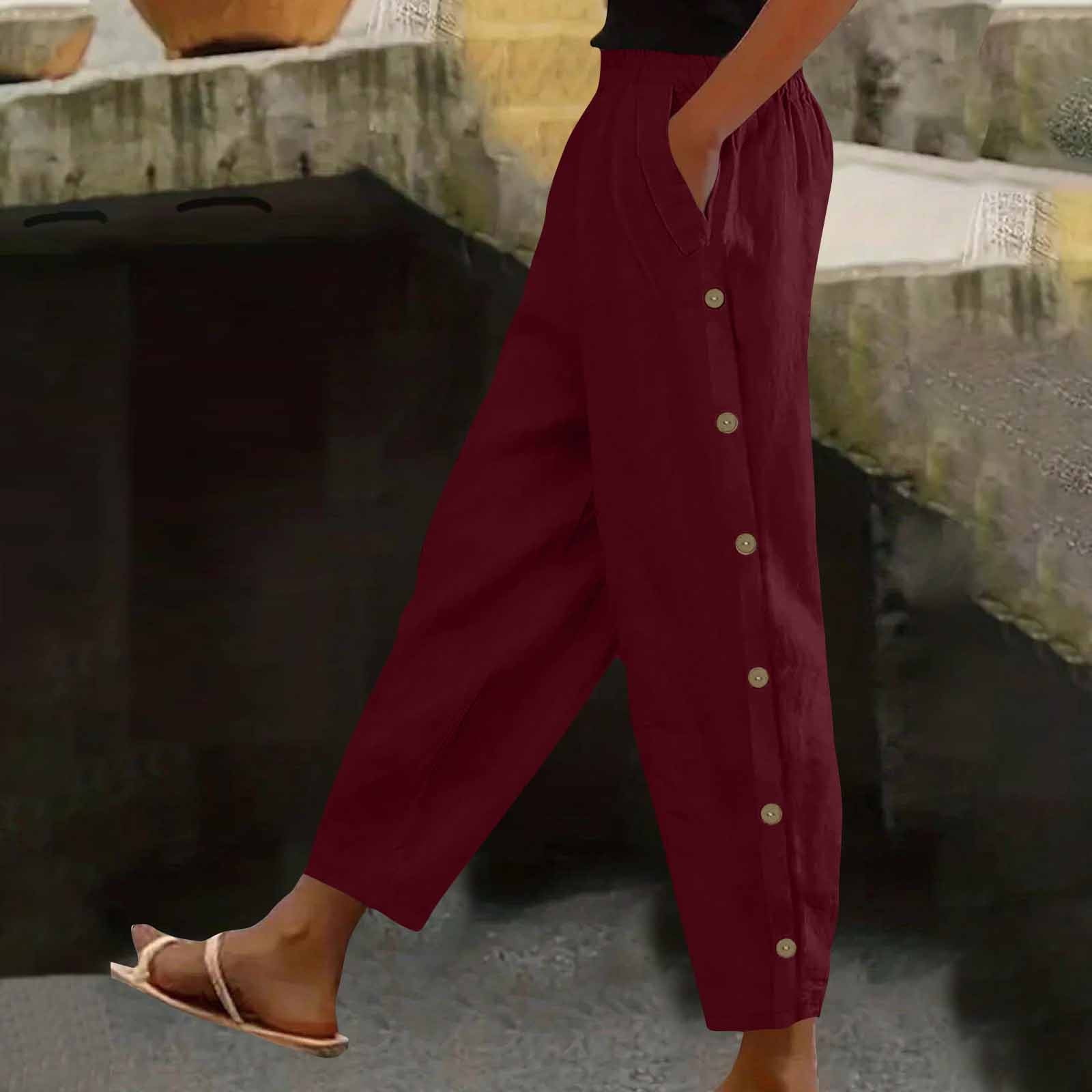 CQONEPT Women's Linen Pants with Pockets Casual Side Button Comfortable ...