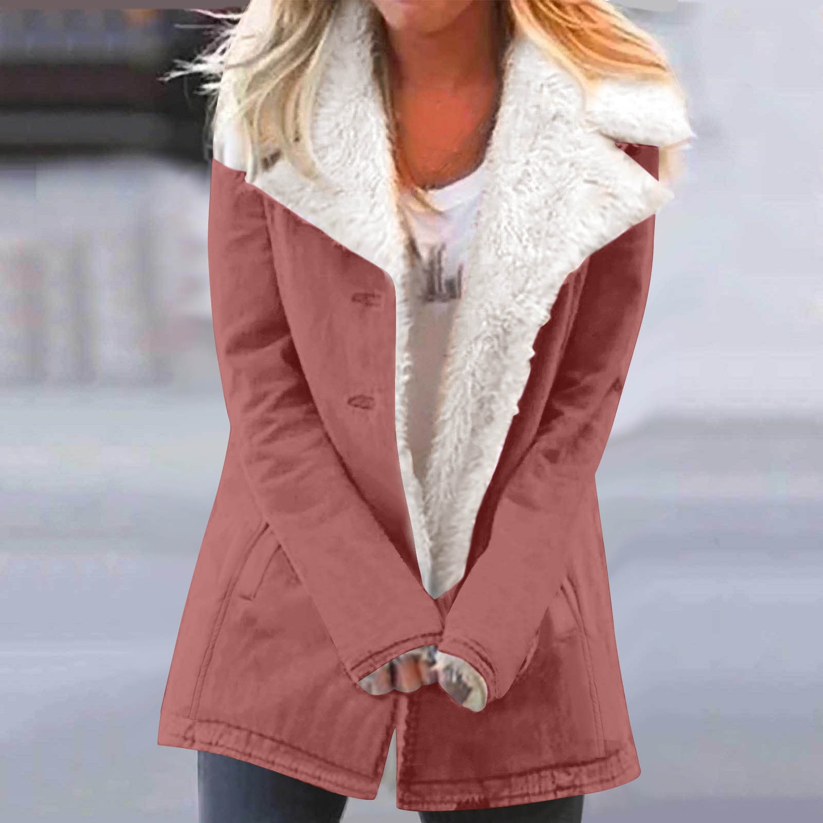 CQONEPT Women's Overcoat Notched Collar Fleece Lined Jacket Coats ...