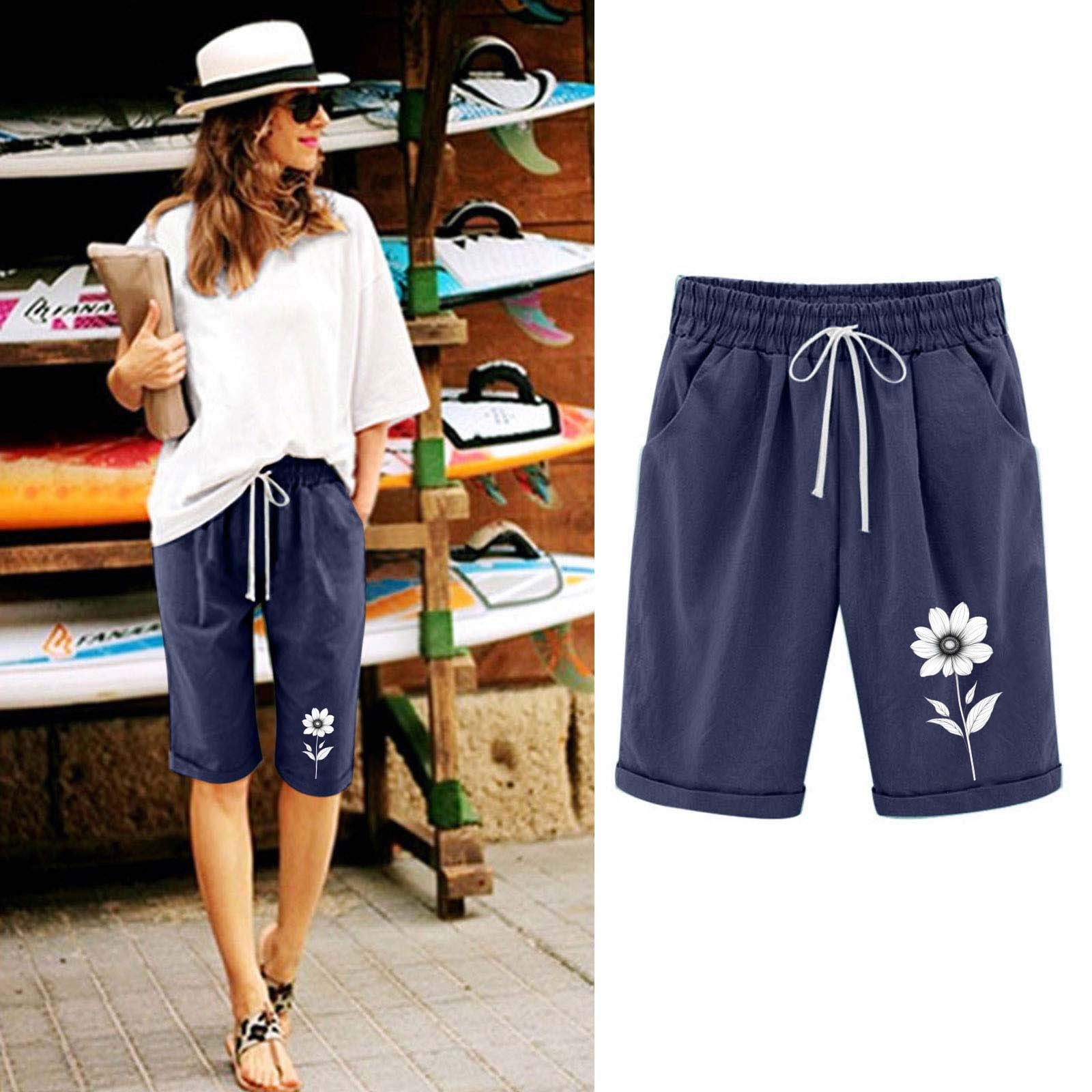 CQONEPT Women's Printed Shorts Loose Fit Lounge Short Pants Drawstring ...