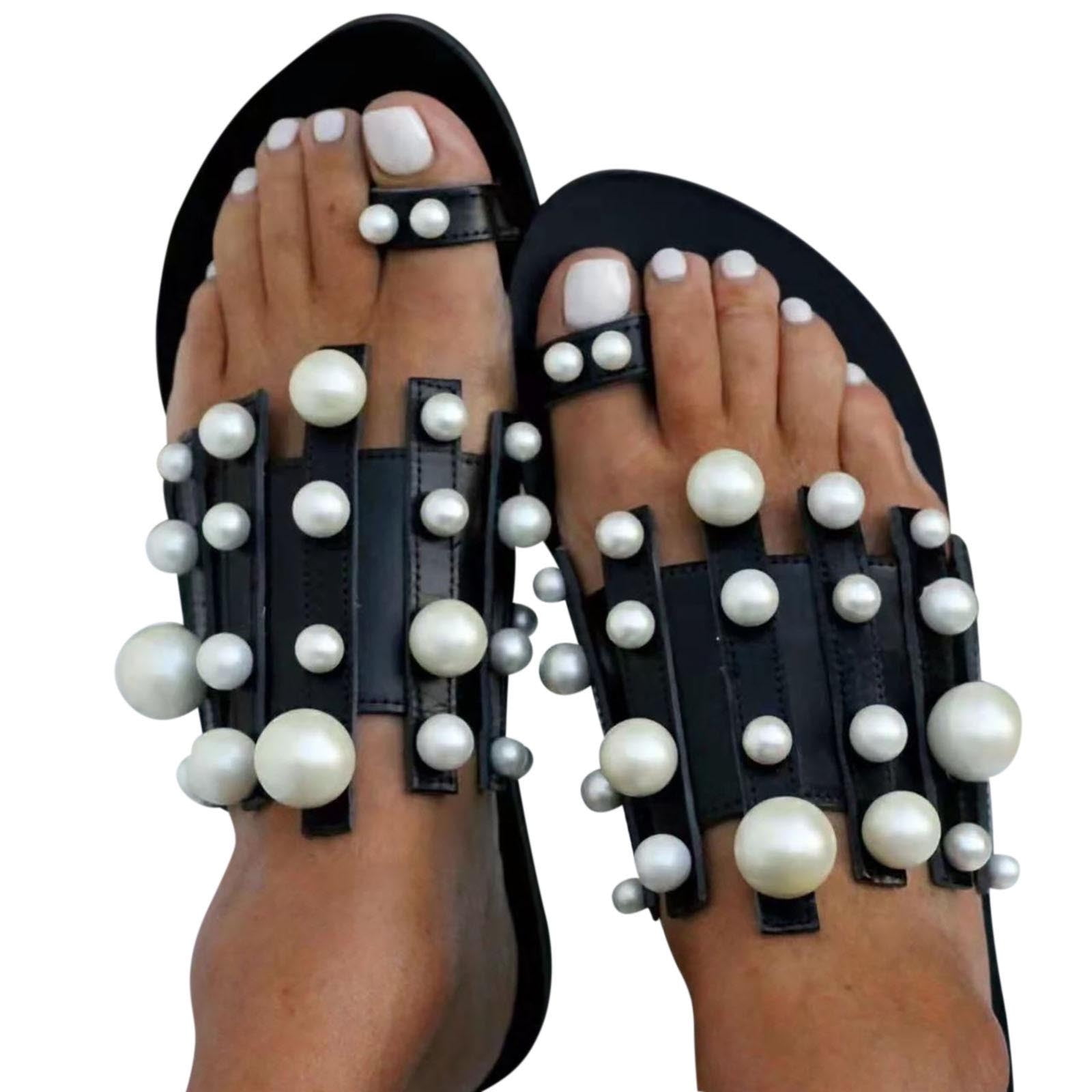 CQONEPT Women's Rhinestone Slide Sandals Flat Toe Ring Thongs Cross ...