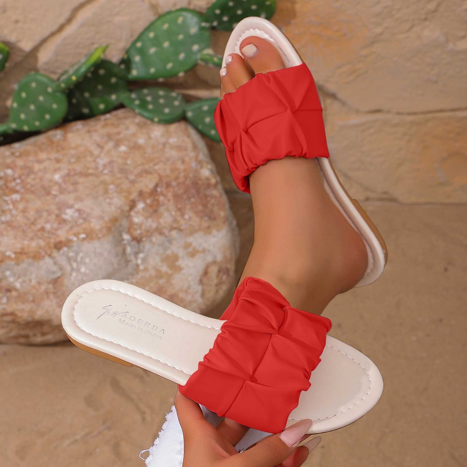 CQONEPT Women's Summer Open Toe Slip Slides Slippers Dressy Beach Flat ...