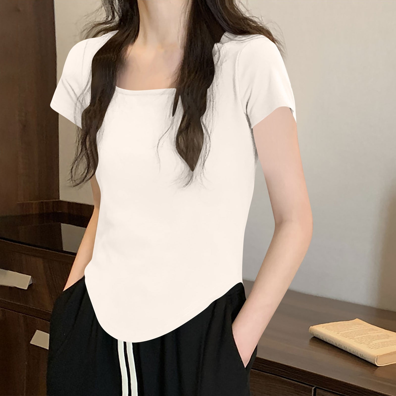 CQONEPT Women's Tees Square Neck Short Sleeve T Shirts Y2K Cute Going ...