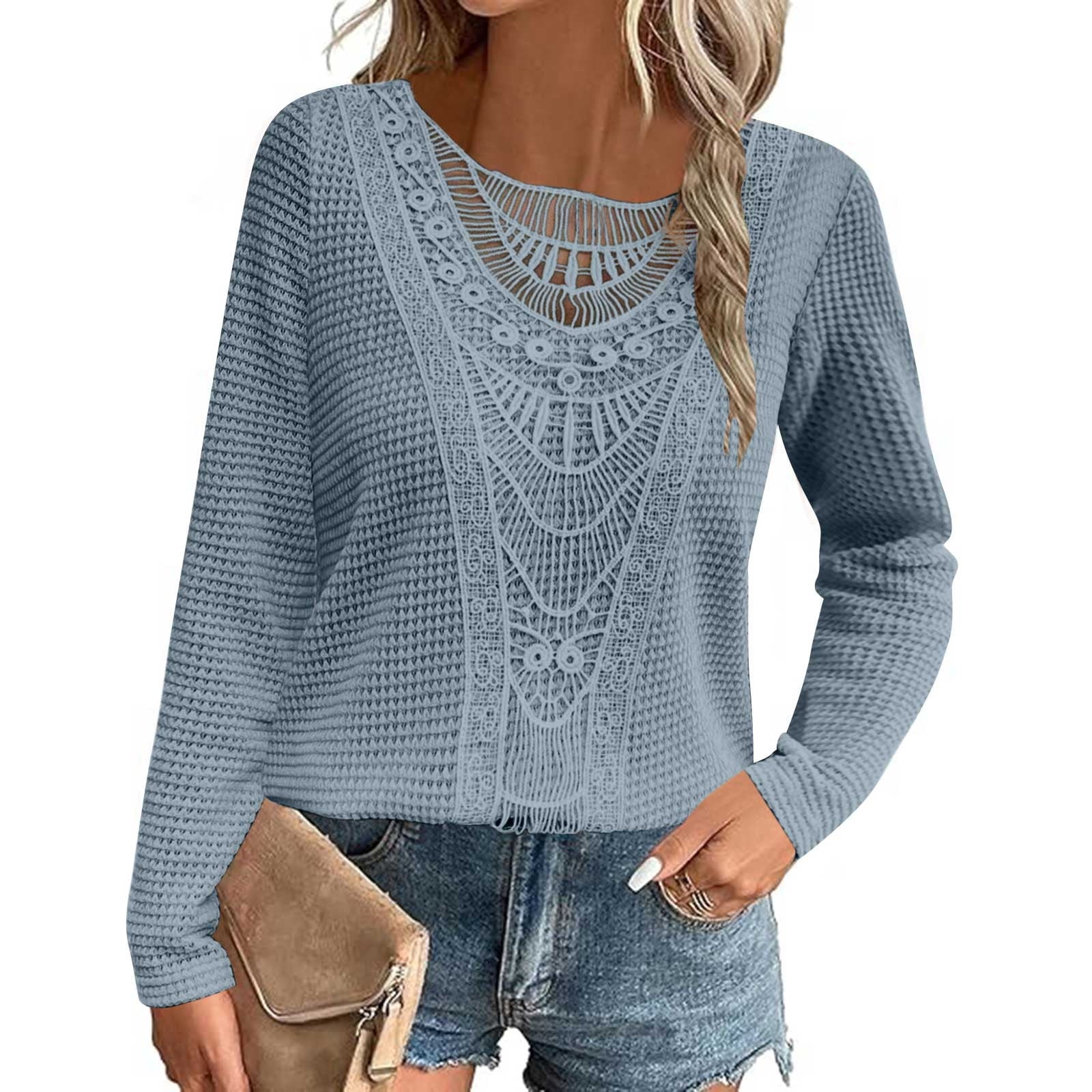 CQONEPT Women's Waffle Tops Crewneck Long Sleeve Shirts Lace Palazzo ...