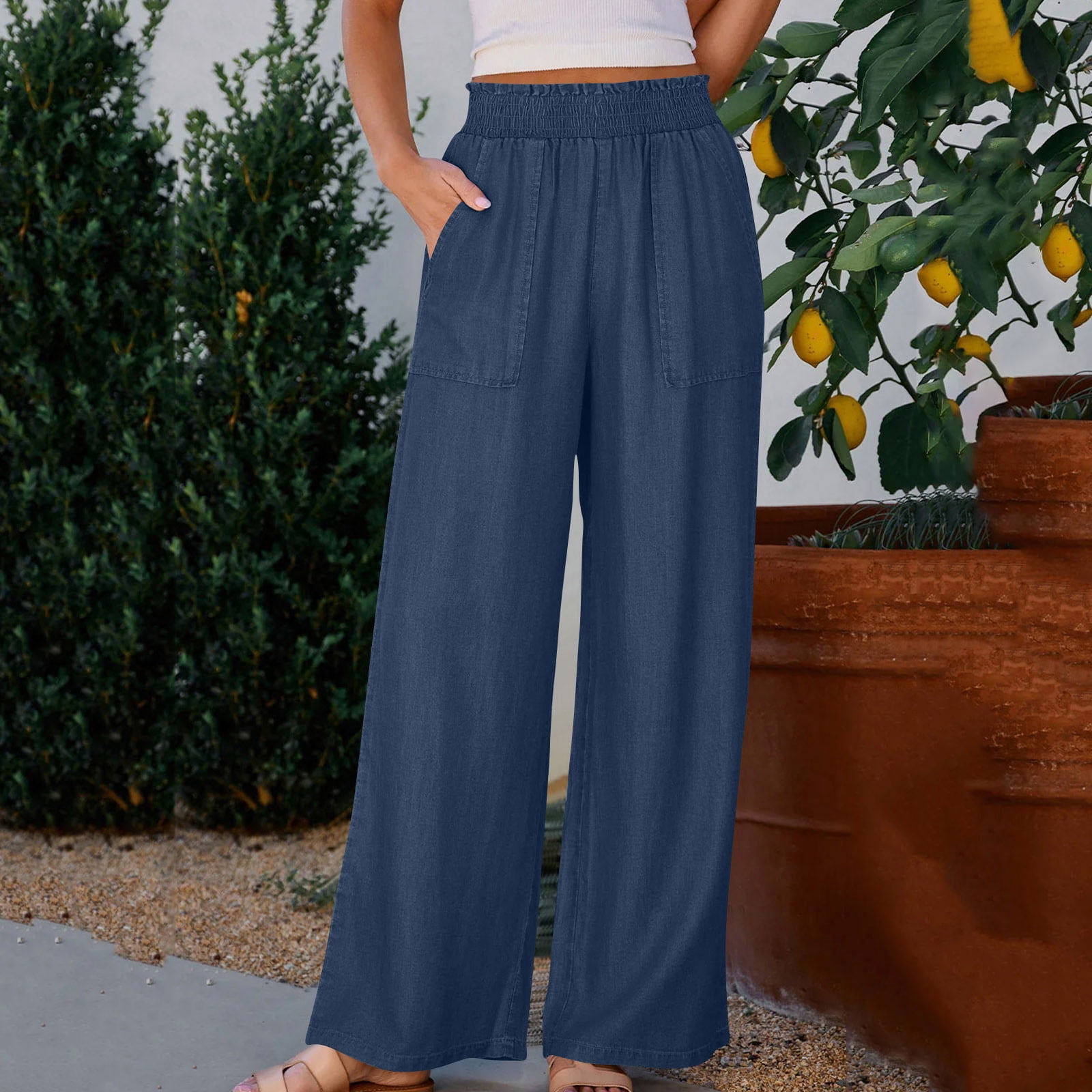 CQONEPT Women's Wide Leg Faux Jeans with Pockets Elastic Waist Stretchy ...