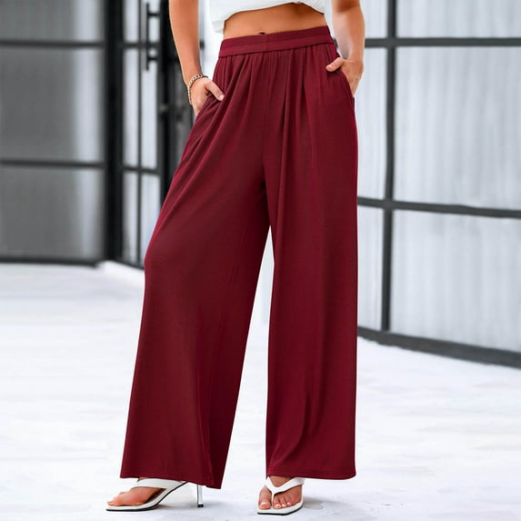 CQONEPT Womens Casual Pants Wide Leg Pull On Casual Slacks Pant Elastic ...