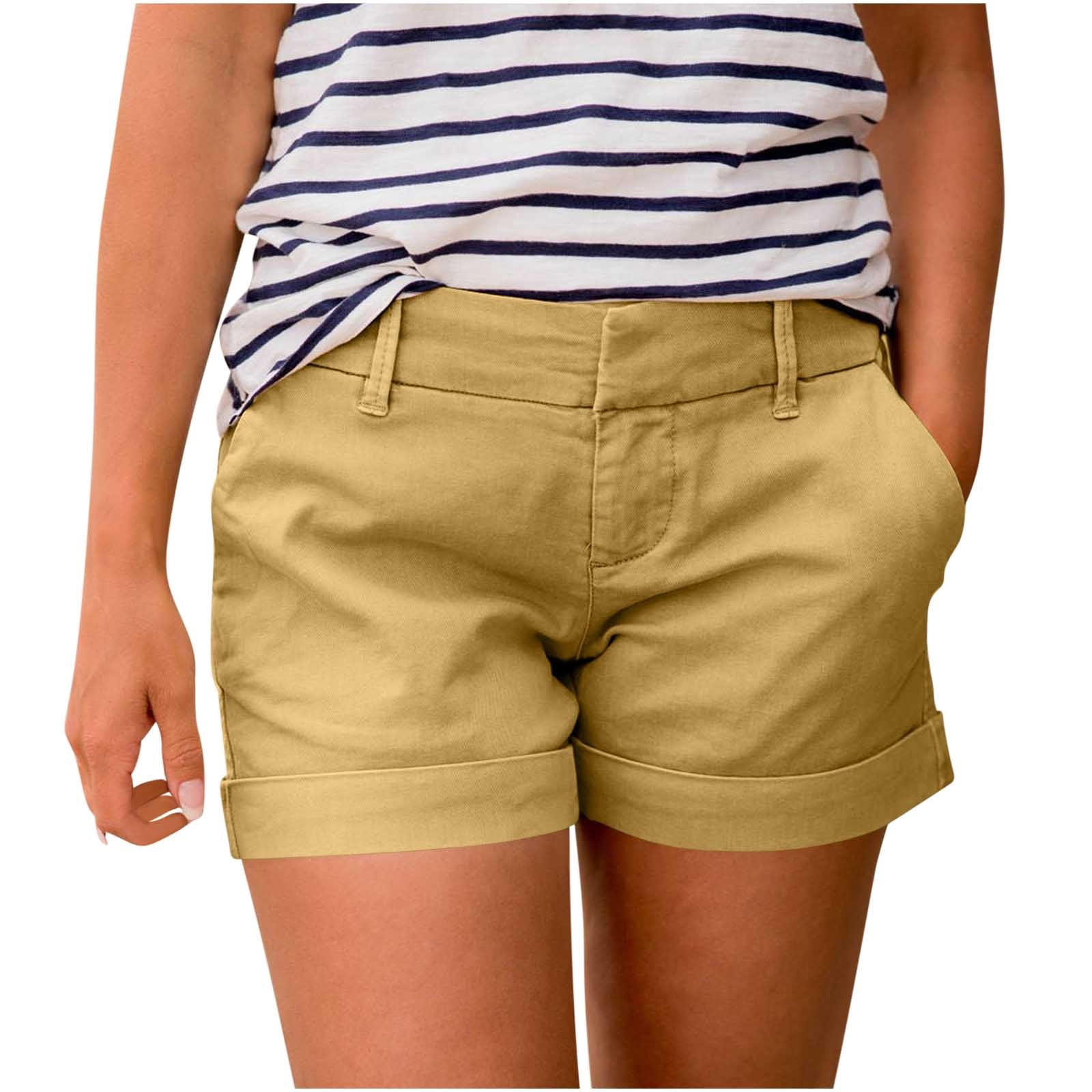 CQONEPT Womens Chino Pants with Pocket Elastic Waistband Shorts Casual ...