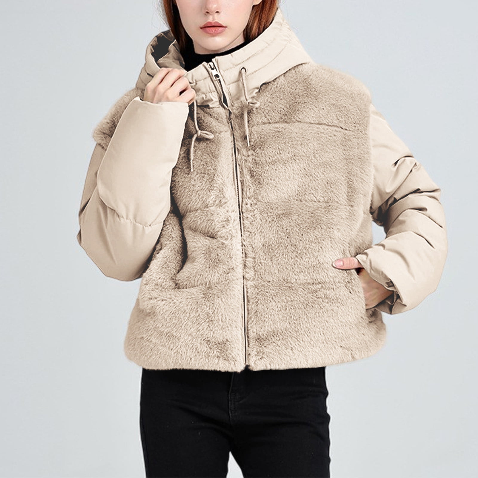 CQONEPT Womens Sherpa Fleece Overcoat Patchwork Hooded Jacket Full Zip ...