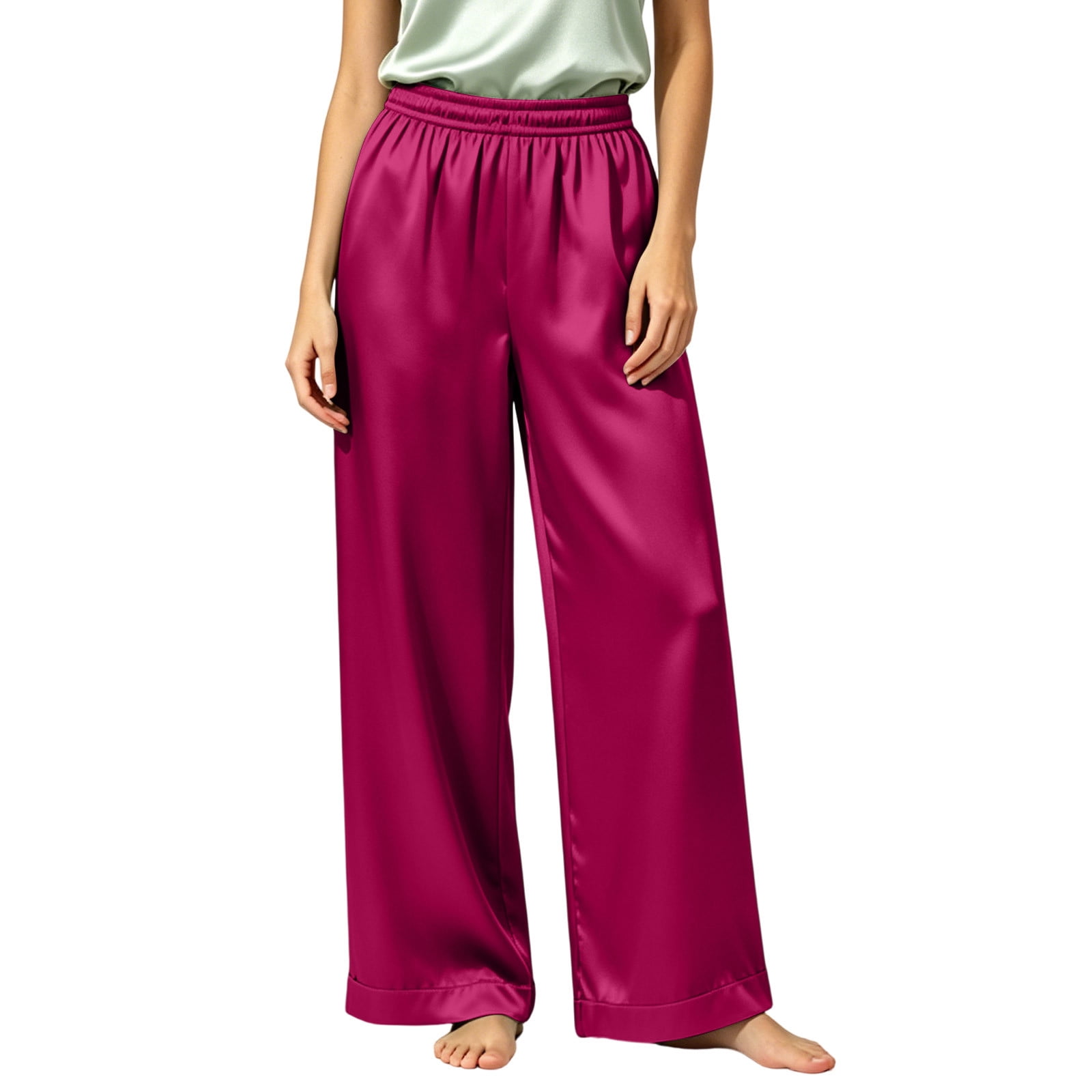 CQONEPT Womens Silk Satin Pajama Pants Casual Loose Lounge Pants ...