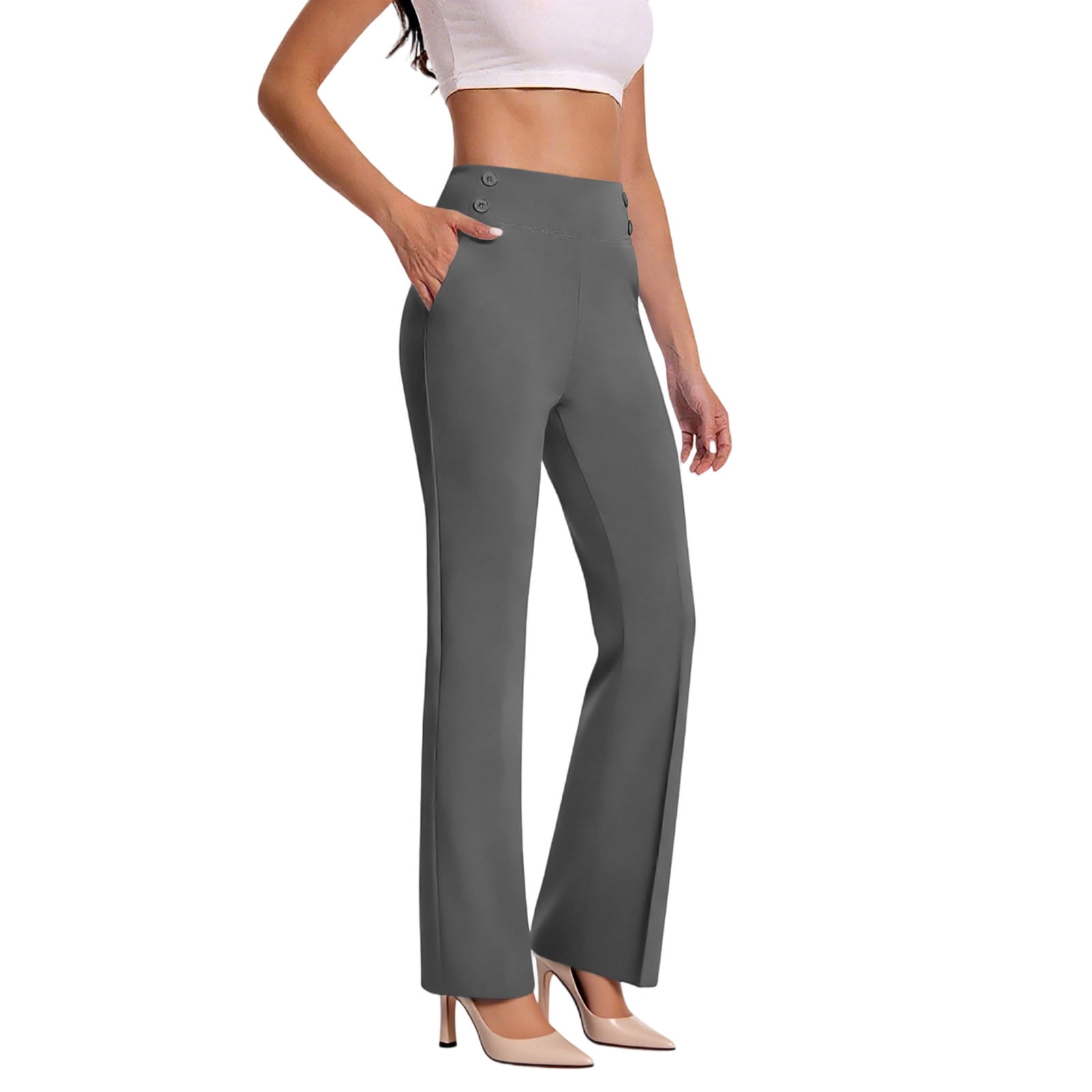 CQONEPT Womens Stretchy Dress Pants Office Slacks Button Pant Comfy ...