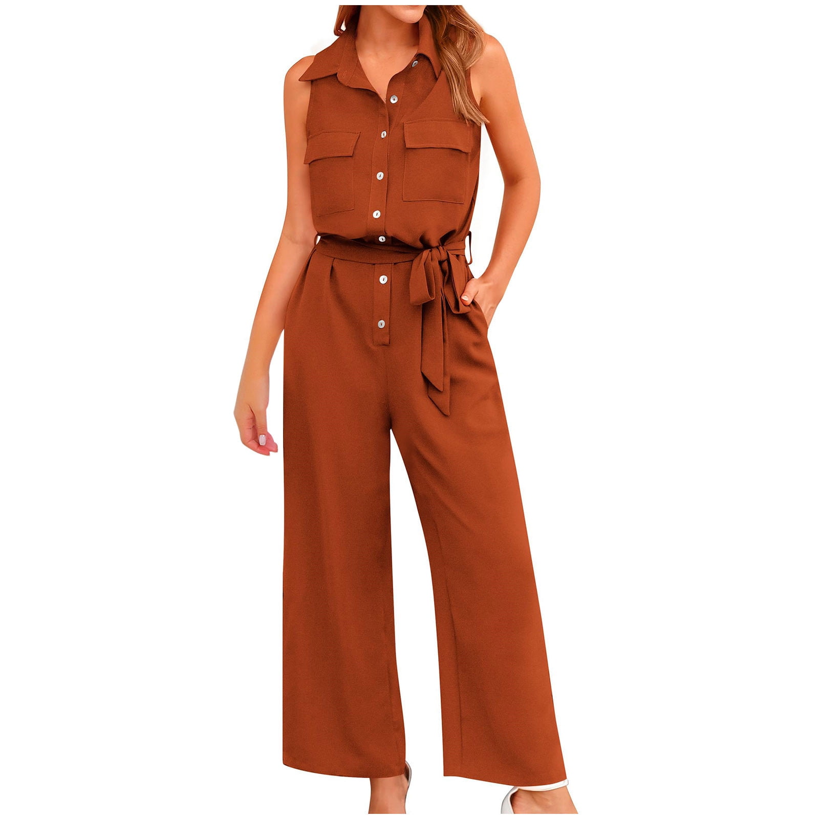CQONEPT Womens Summer Romper Fashion with Pocket Casual Button Up ...
