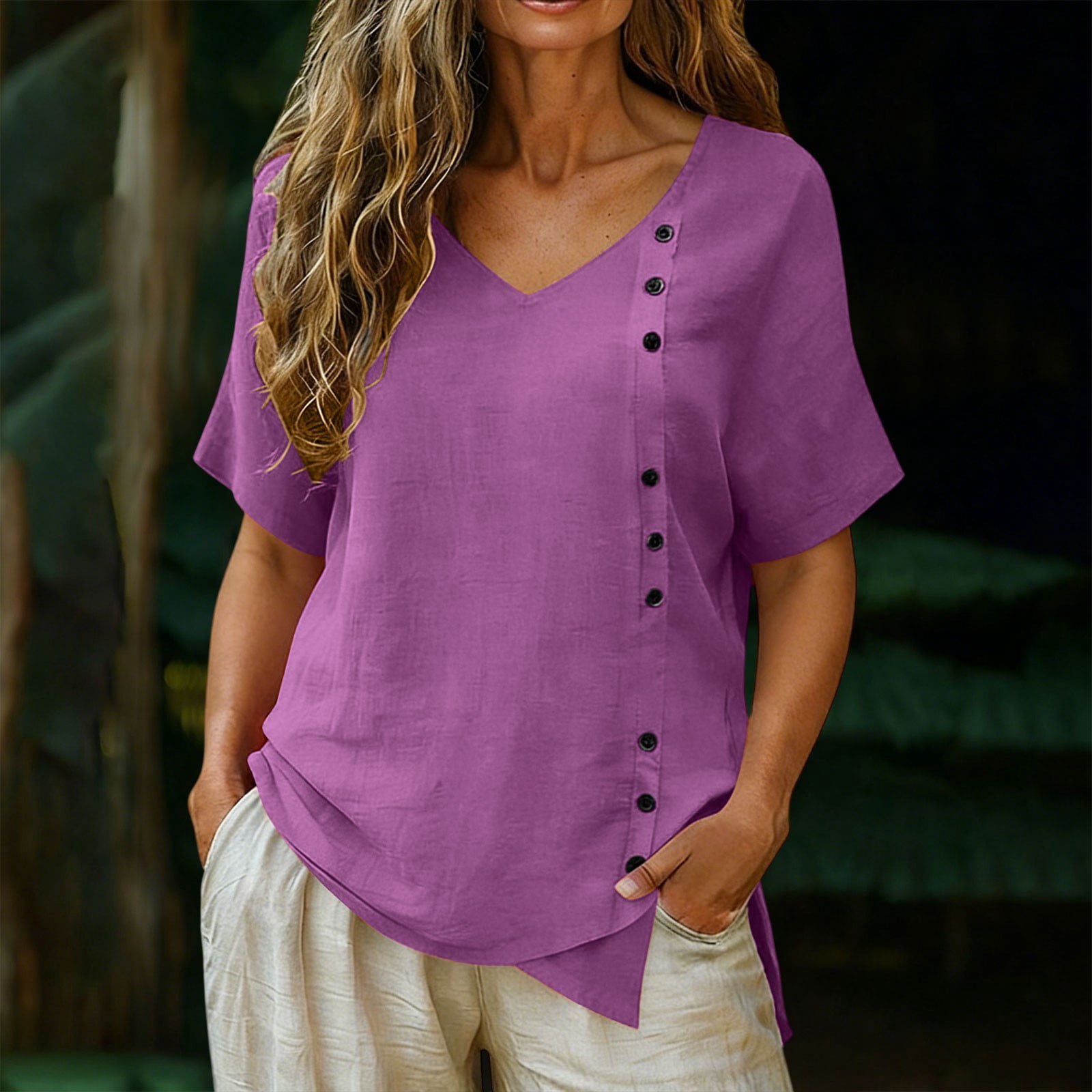 CQONEPT Womens V Neck Linen Tops Short Sleeve Shirts Button Summer ...