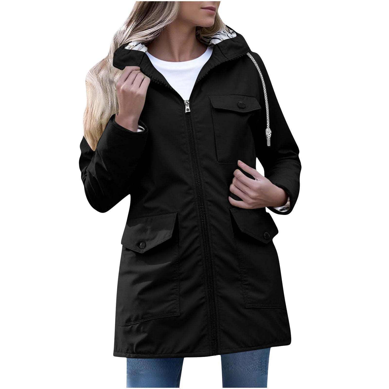 CQONEPT Womens Waterproof Hooded Jacket with Multi Pockets Drawstring ...