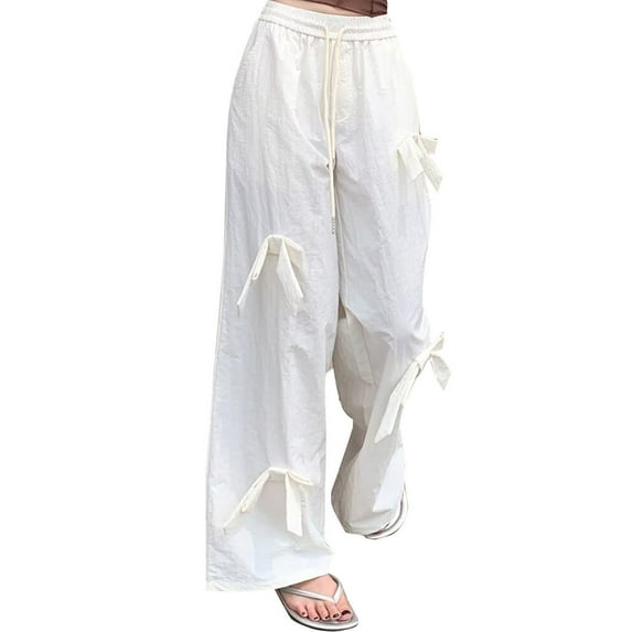 CQONEPT Womens Wide Leg Pants Bow Tie Baggy Tapered Pant Drawstring ...