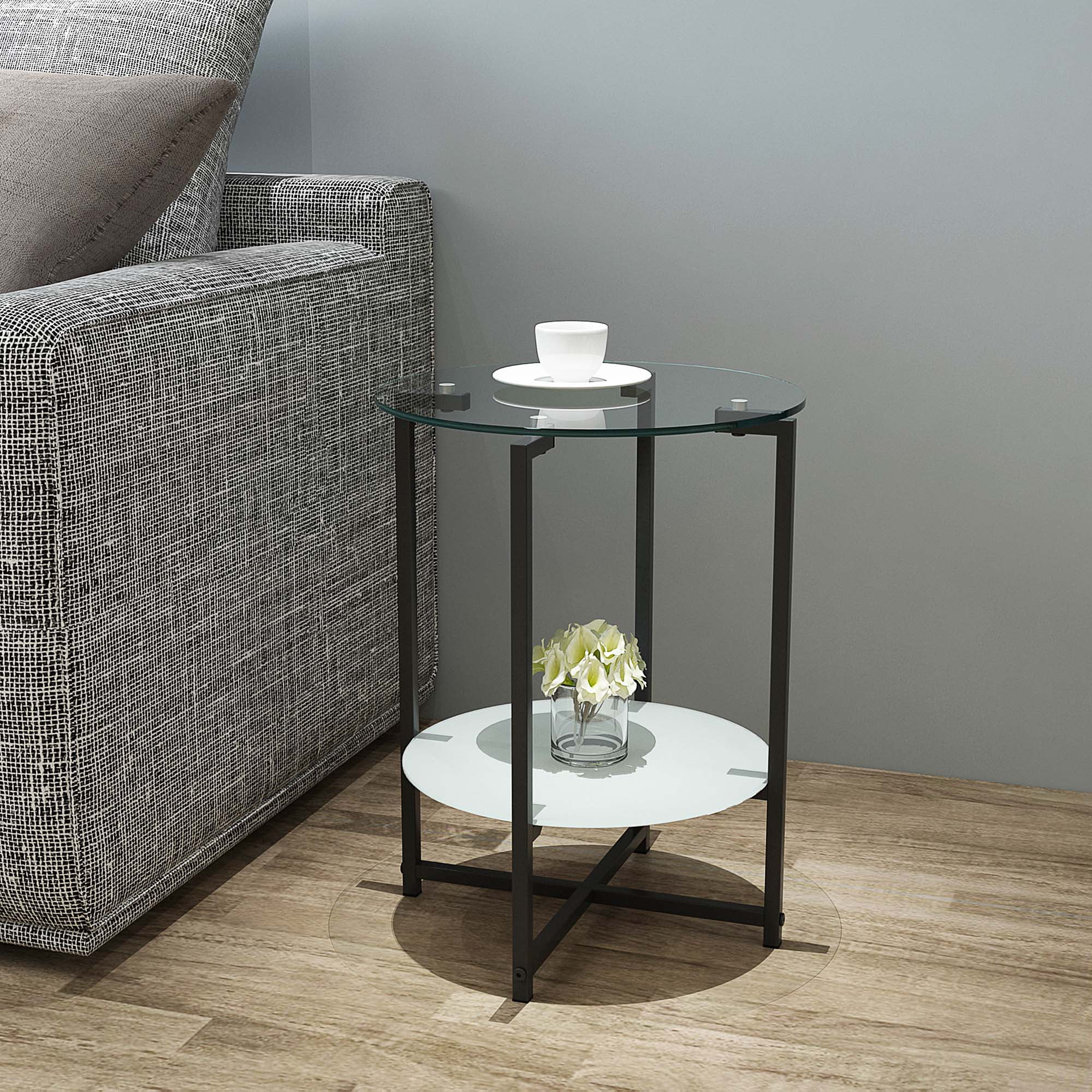 CQSXD Clear Glass Round End Table, Small Round Table, Black Side Table ...