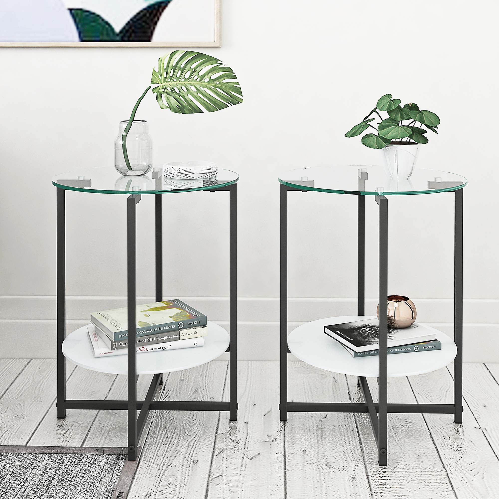 CQSXD Clear Glass Round End Tables Living Room Set of 2, Small Round ...