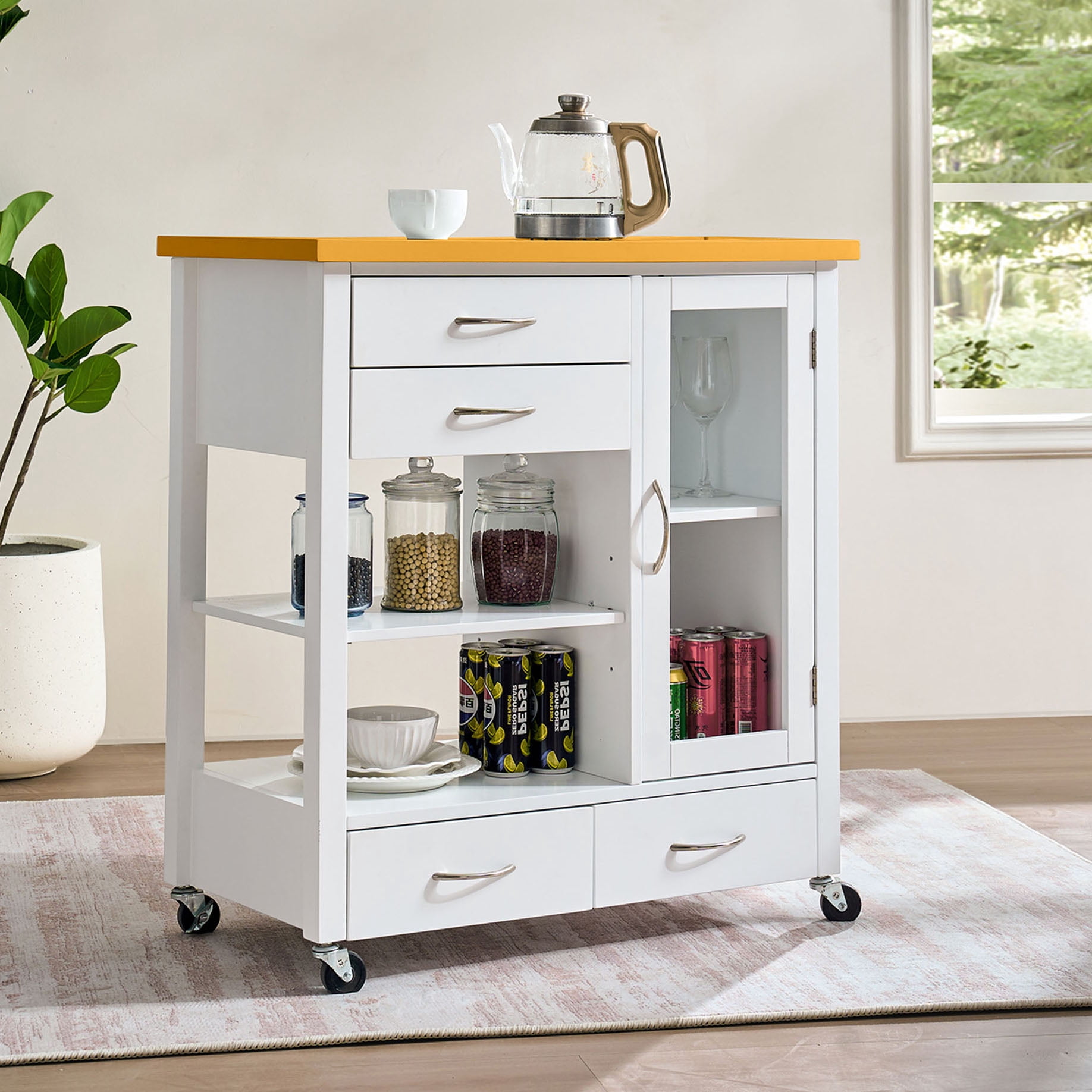CQSXD White Kitchen Cart with Glass-Door Cabinet & Drawers, Rolling ...