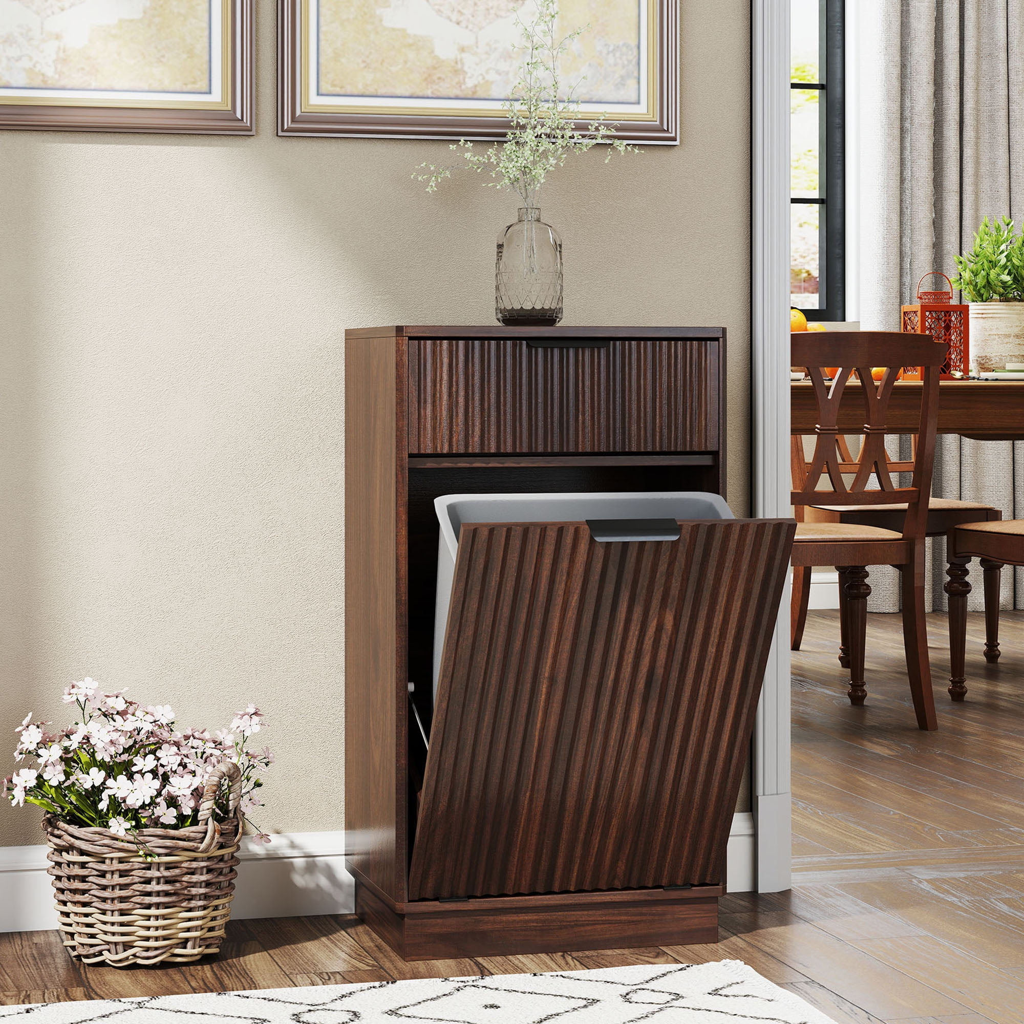 CQSXDA 10-Gallon Woodgrain Tilt-Out Trash Can Cabinet in Elegant Oak ...