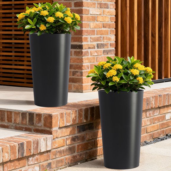 Black 16 Inch Set Of 2 Tapered Tall Planters For Indoor And Outdoor Use ...