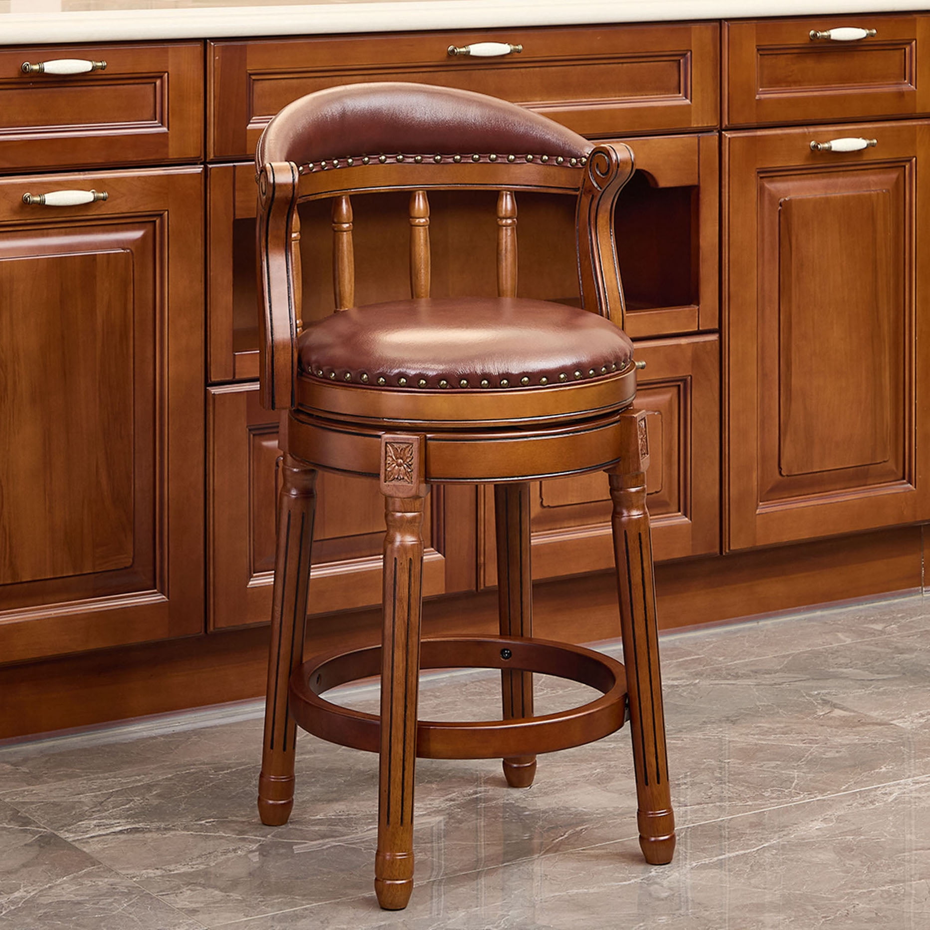 CQSXDA 26" Height Cow Top Leather Wooden Bar Stools with 360 Degree ...