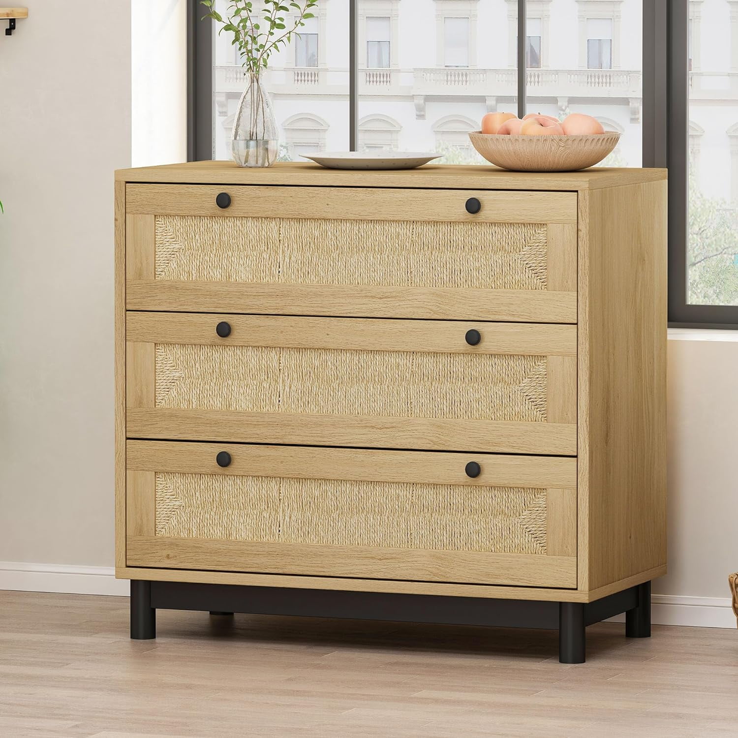 CQSXDA 3-Drawers Rattan Storage Cabinet for Bedroom and Living Room ...