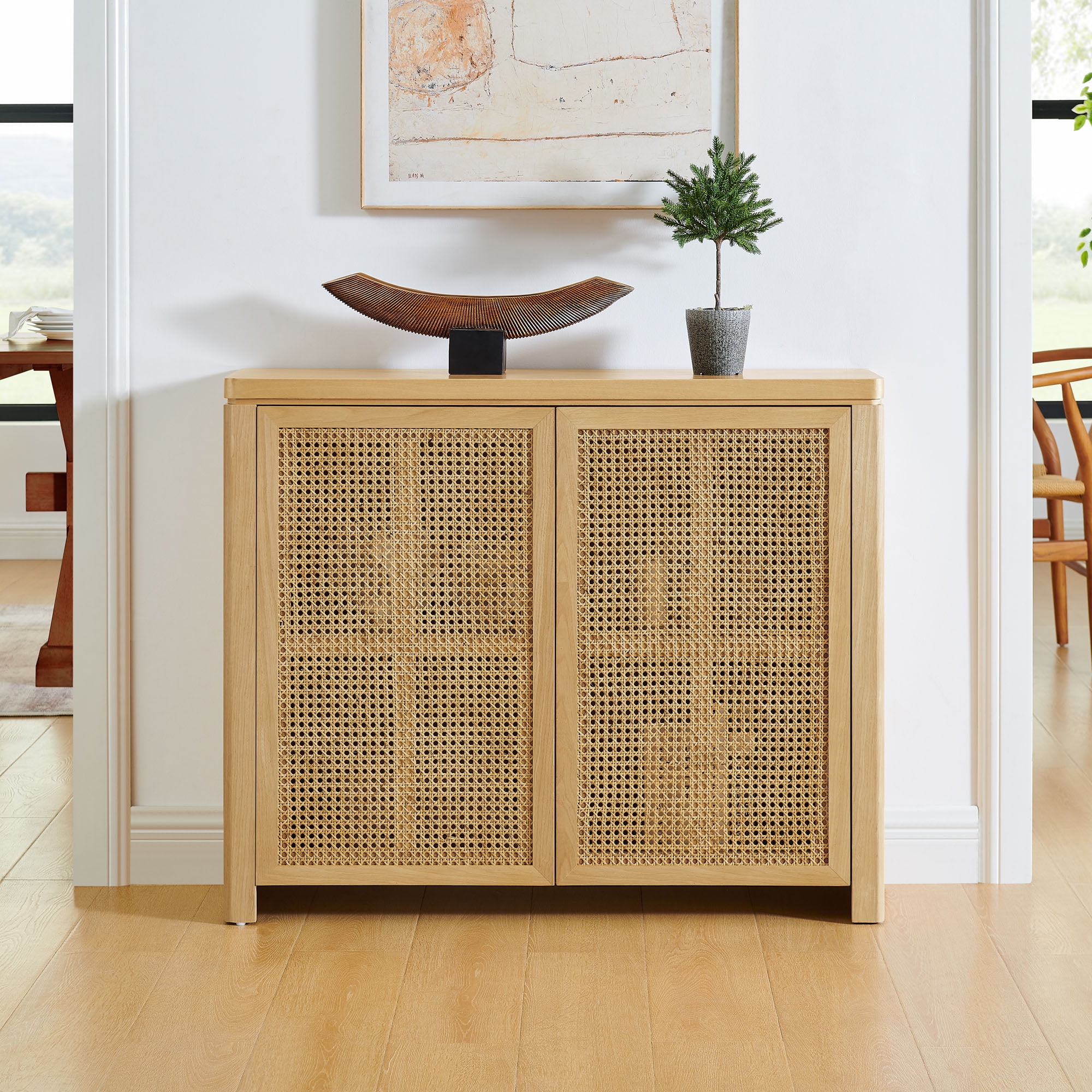 CQSXDA 39.4" Mid Century Modern Rattan Sideboard Cabinet with 2 Outlet ...