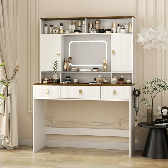 CQSXDA 43 Inch Farmhouse Style Dressing Table with Lighted Mirror and ...