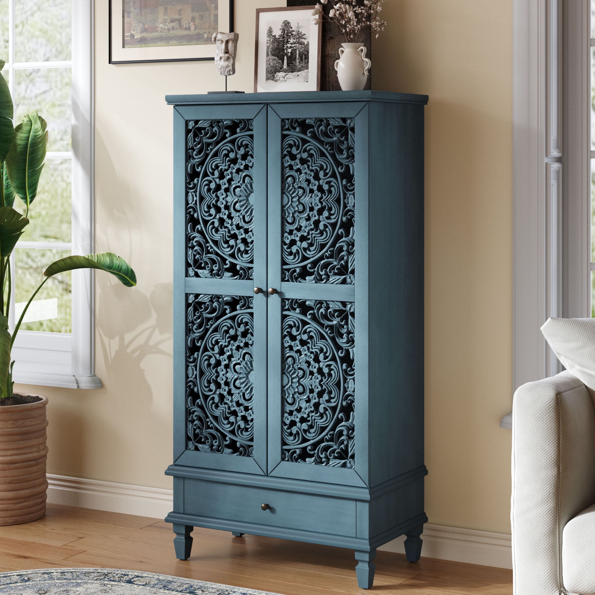 CQSXDA 55 Inch Tall Storage Cabinet with Drawer, Carved Wood 2-Door ...