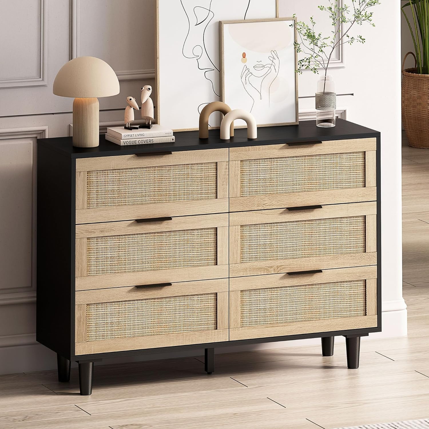 CQSXDA 6-Drawers Rattan Storage Cabinet for Bedroom and Living Room ...