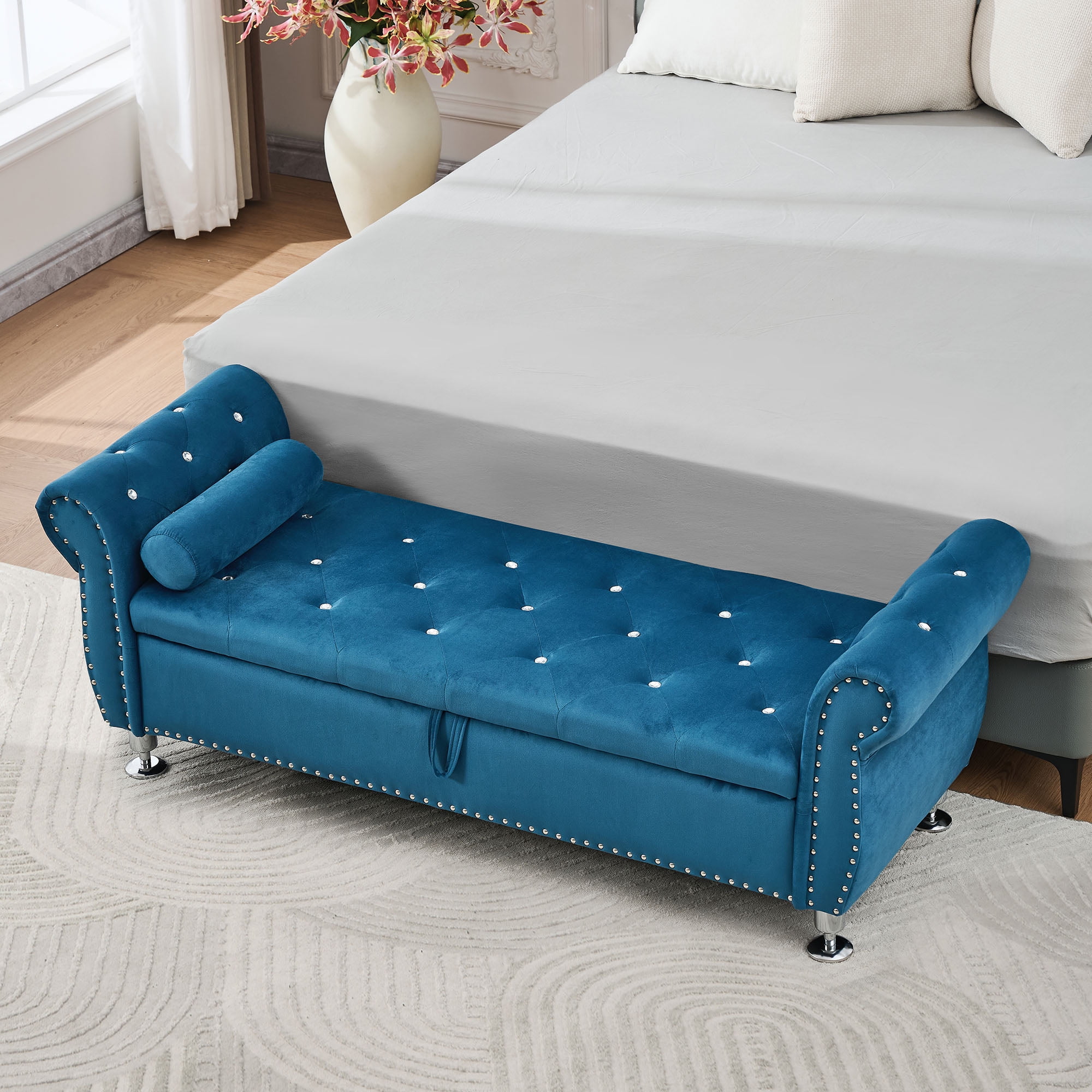 CQSXDA 62.2 Inch Soft Velvet Storage Bench With Crystal Buttons And 1 ...
