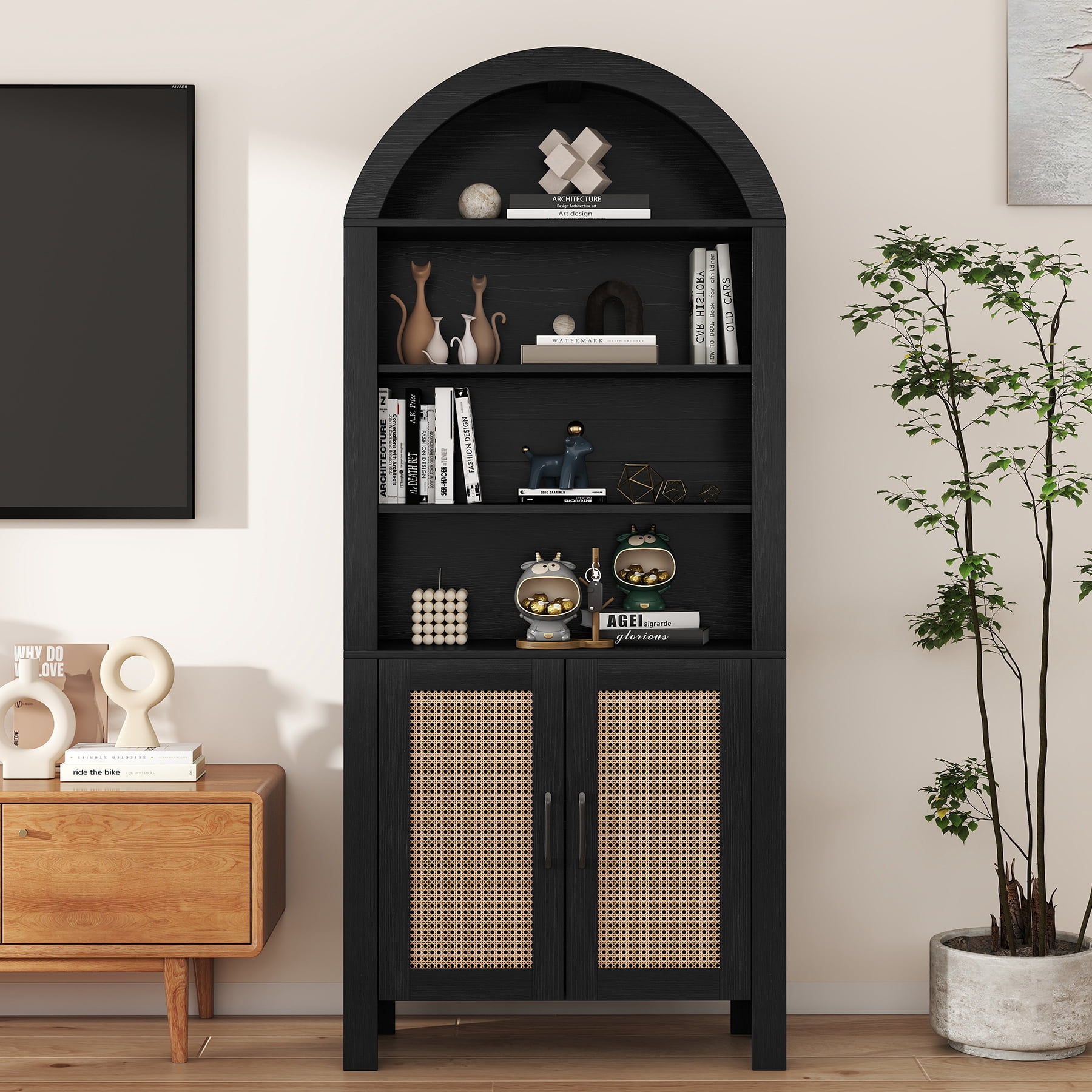 CQSXDA 71" Tall Arched Bookcase with Storage, Mid-Century Modern 6-Tier ...