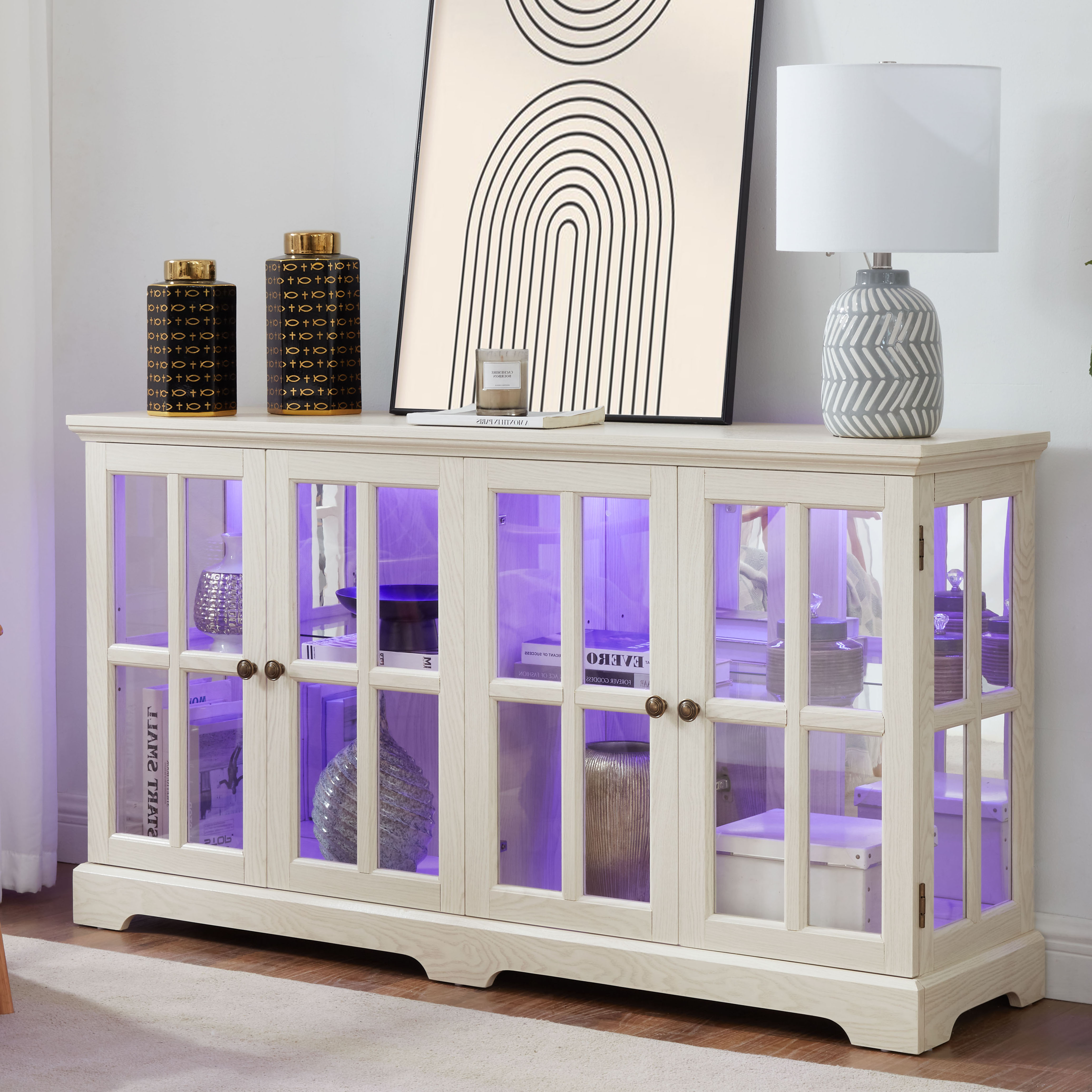 CQSXDA Antique Four Door LED Curio Display Cabinet with Glass Doors and ...