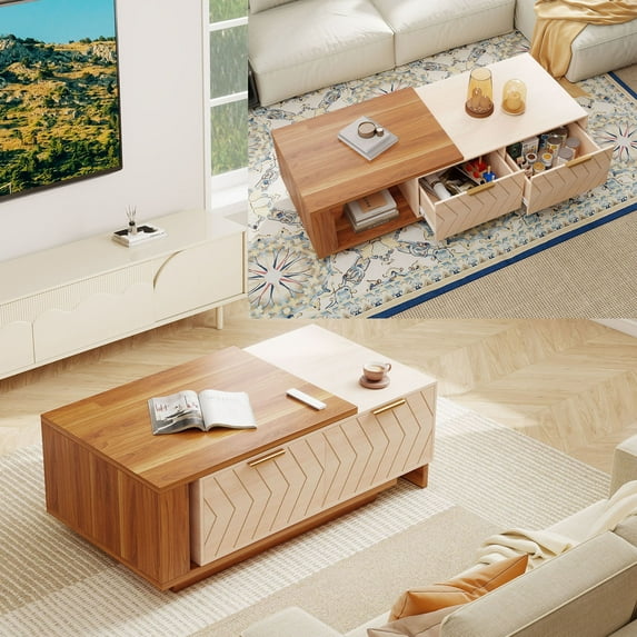 CQSXDA Expandable Wooden Coffee Table with 2 Drawers, Rectangular ...