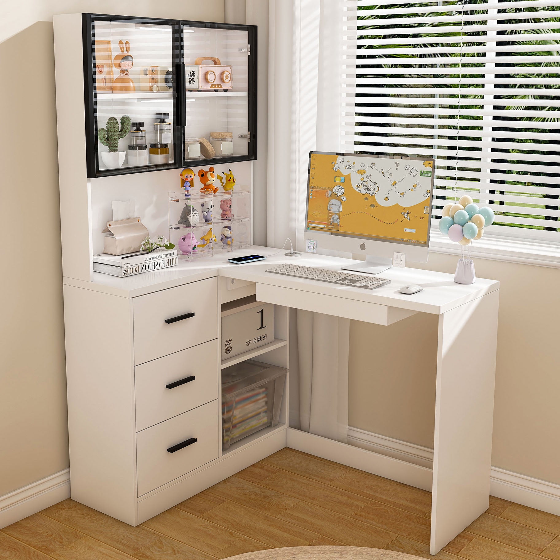 CQSXDA Functional Computer Desk with Glass Cabinets and Built-In LED ...