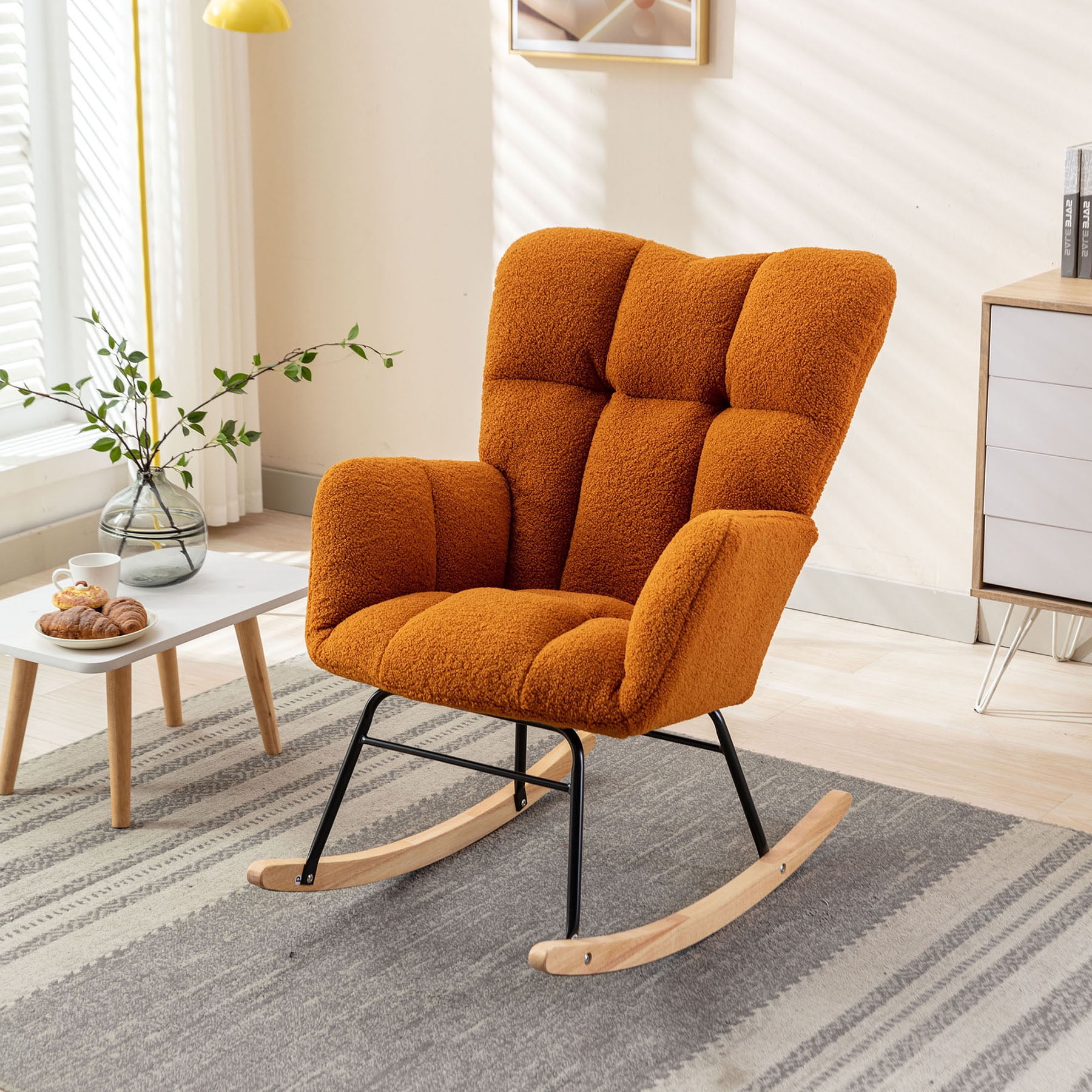 CQSXDA Ivory Teddy Fabric Rocking Glider Chair Modern Design Indoor ...